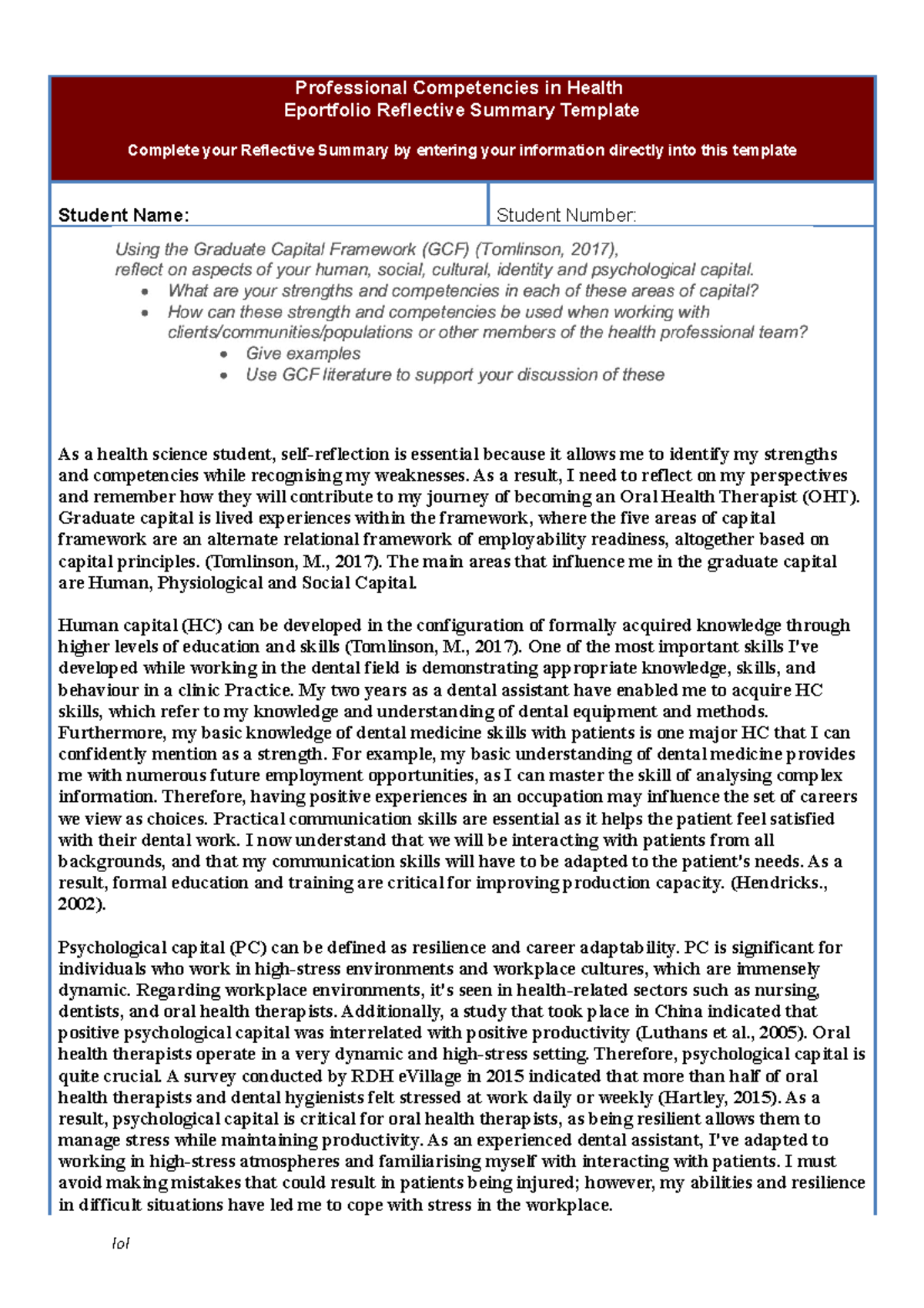 OHT Reflective Summary: Professional Competencies in Health Eportfolio ...