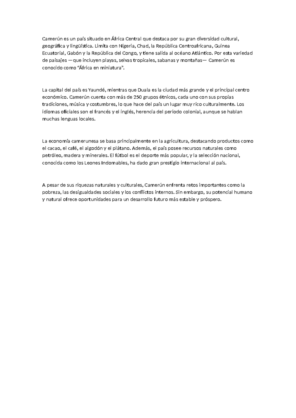 Camerún: Diversidad Cultural y Económica en África Central - Studocu