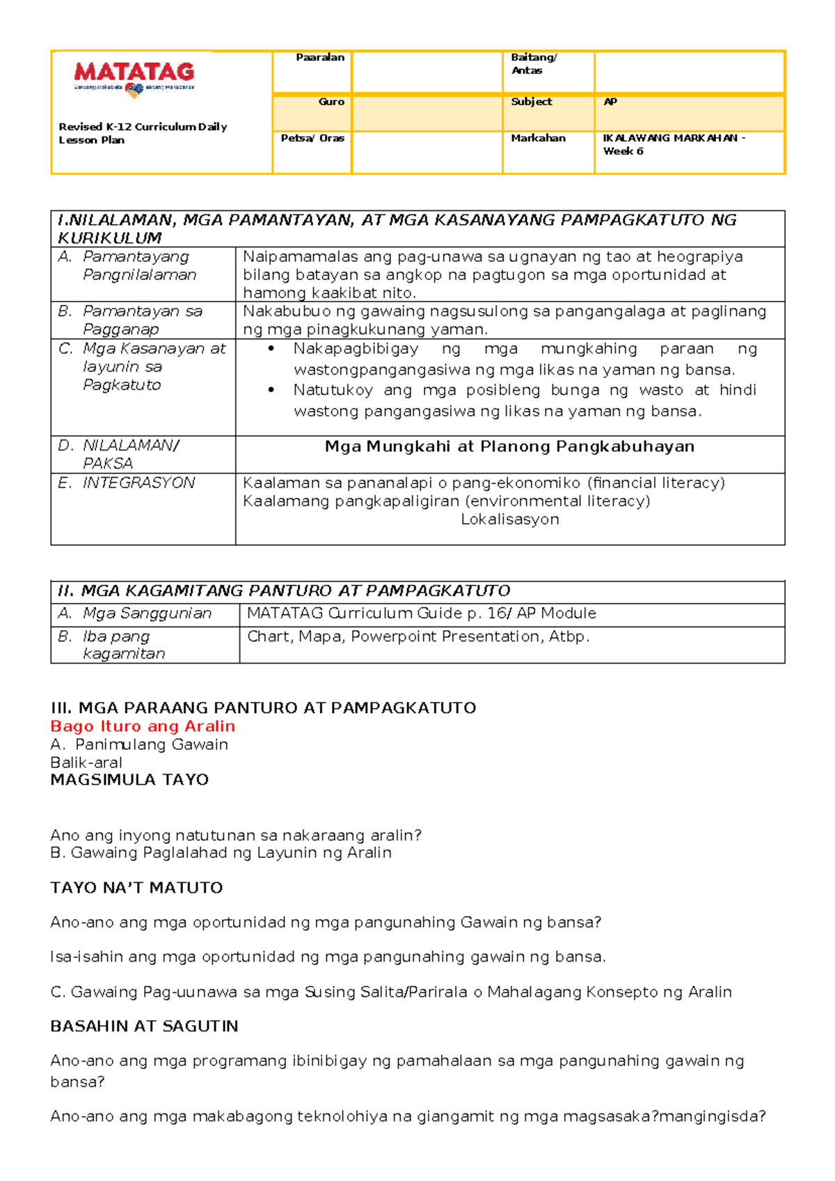 DLP-AP 4: Daily Lesson Plan for Aralin Panlipunan Week 6 - Studocu