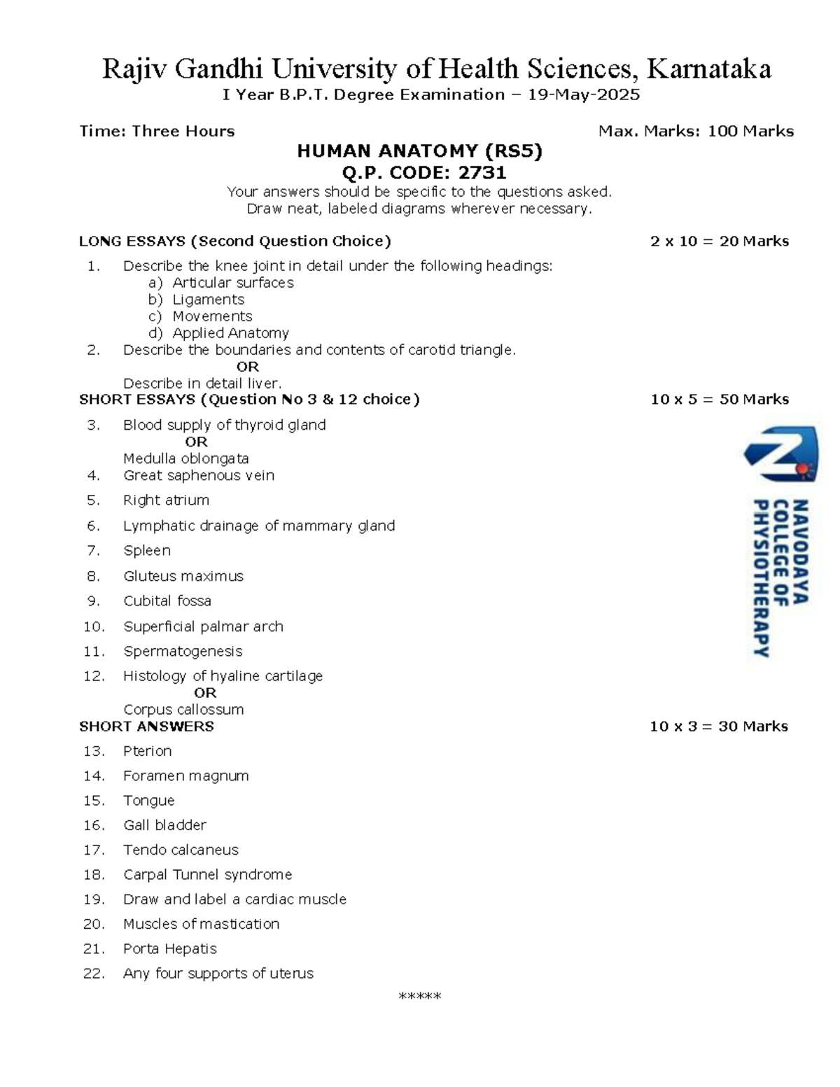 QP BPT 1st YEAR MAY 2025: HUMAN ANATOMY, PHYSIOLOGY & PSYCHOLOGY Exam ...