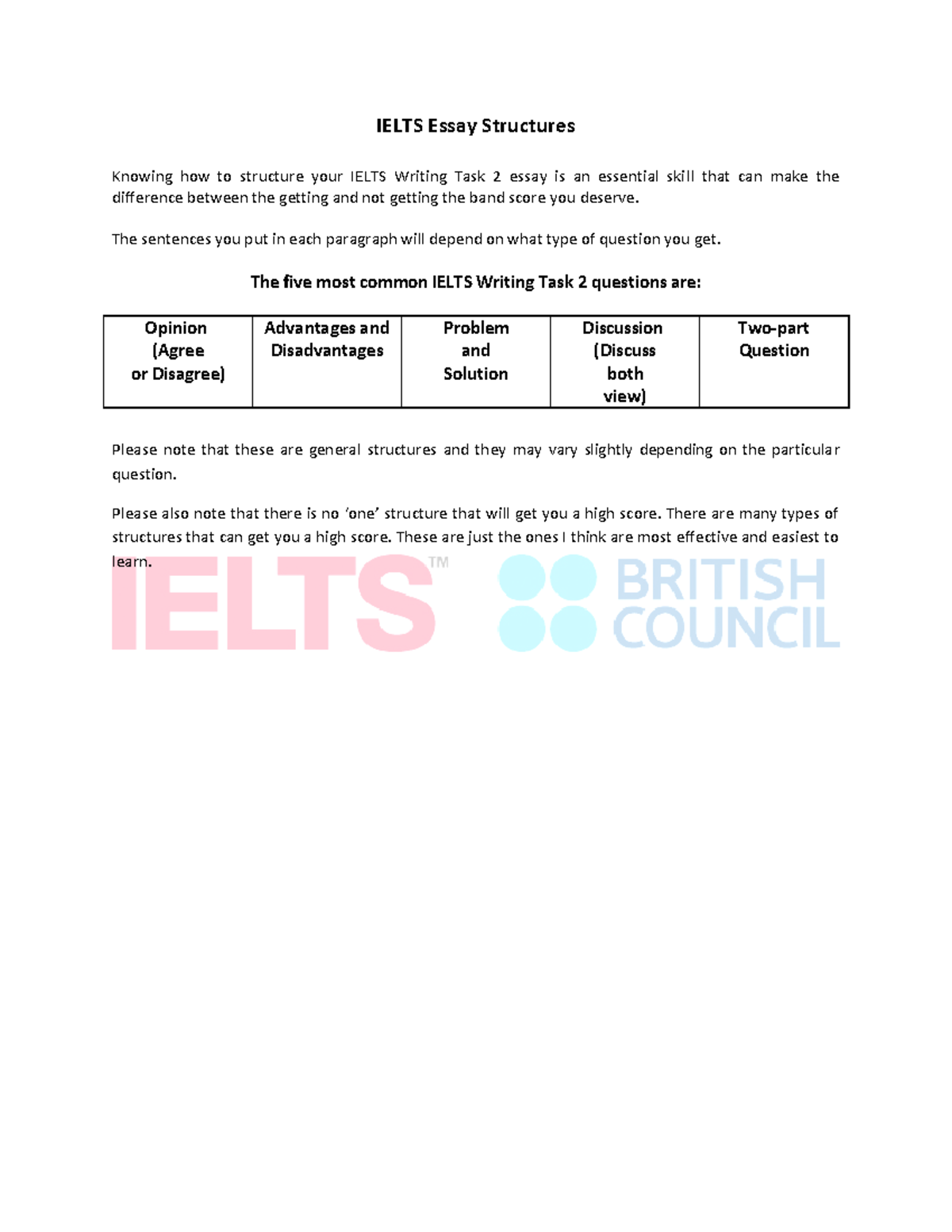 Ielts Essay Structures WT2 - IELTS Essay Structures Knowing how to ...