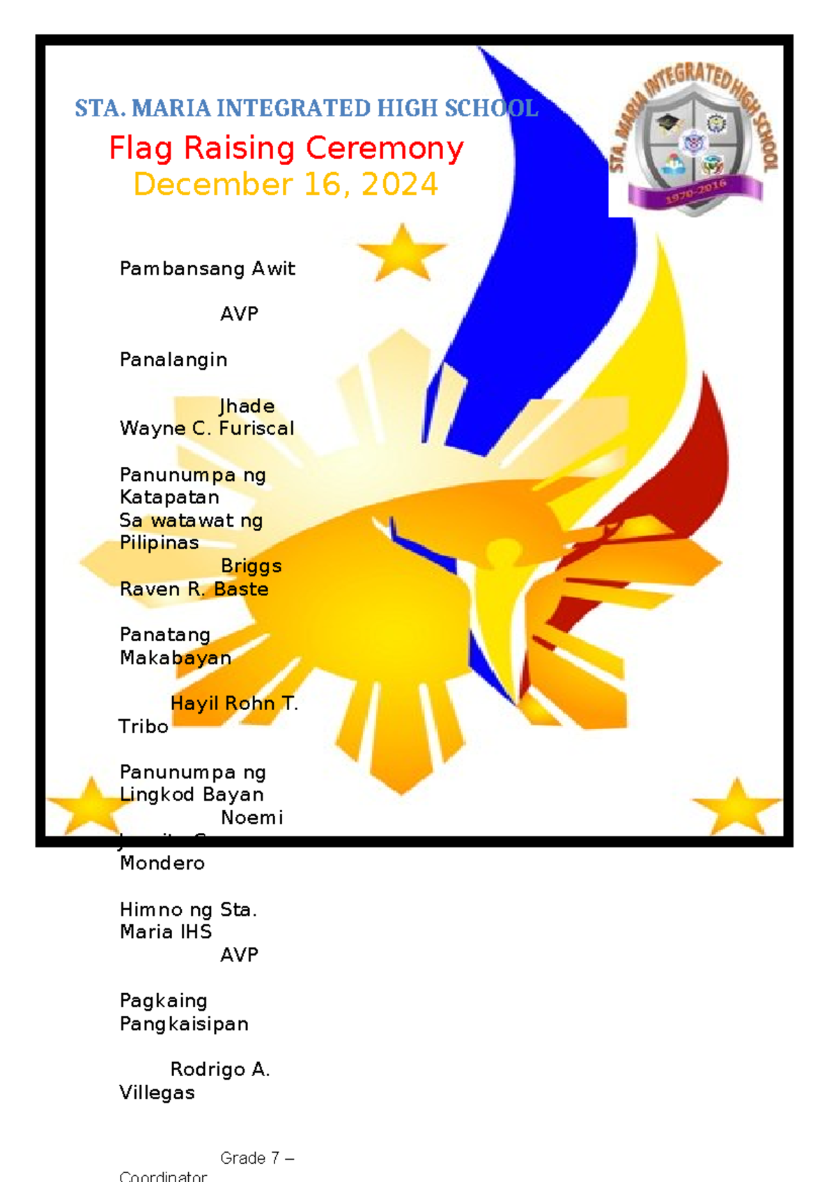 FLAG- Ceremony- Program 045035 - STA. MARIA INTEGRATED HIGH SCHOOL Flag ...
