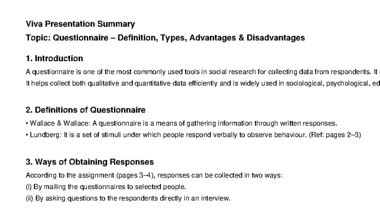 Sociology Viva Summary: Questionnaire Types, Pros & Cons - Studocu