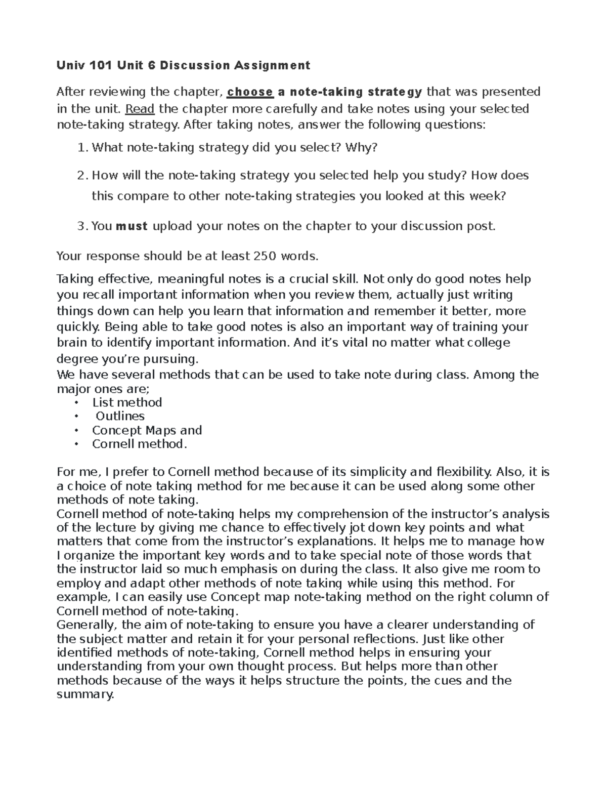 Univ 101 Unit 6 Discussion: Effective Note-Taking Strategies - Studocu