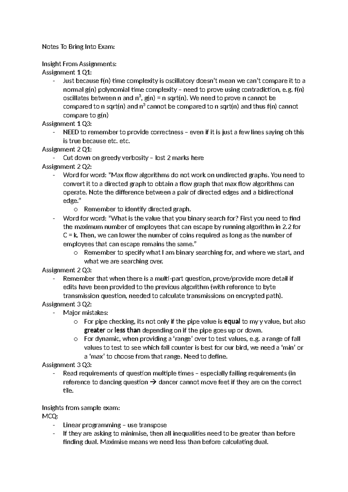 Exam Notes Assignment Review - Notes To Bring Into Exam: Insight From ...