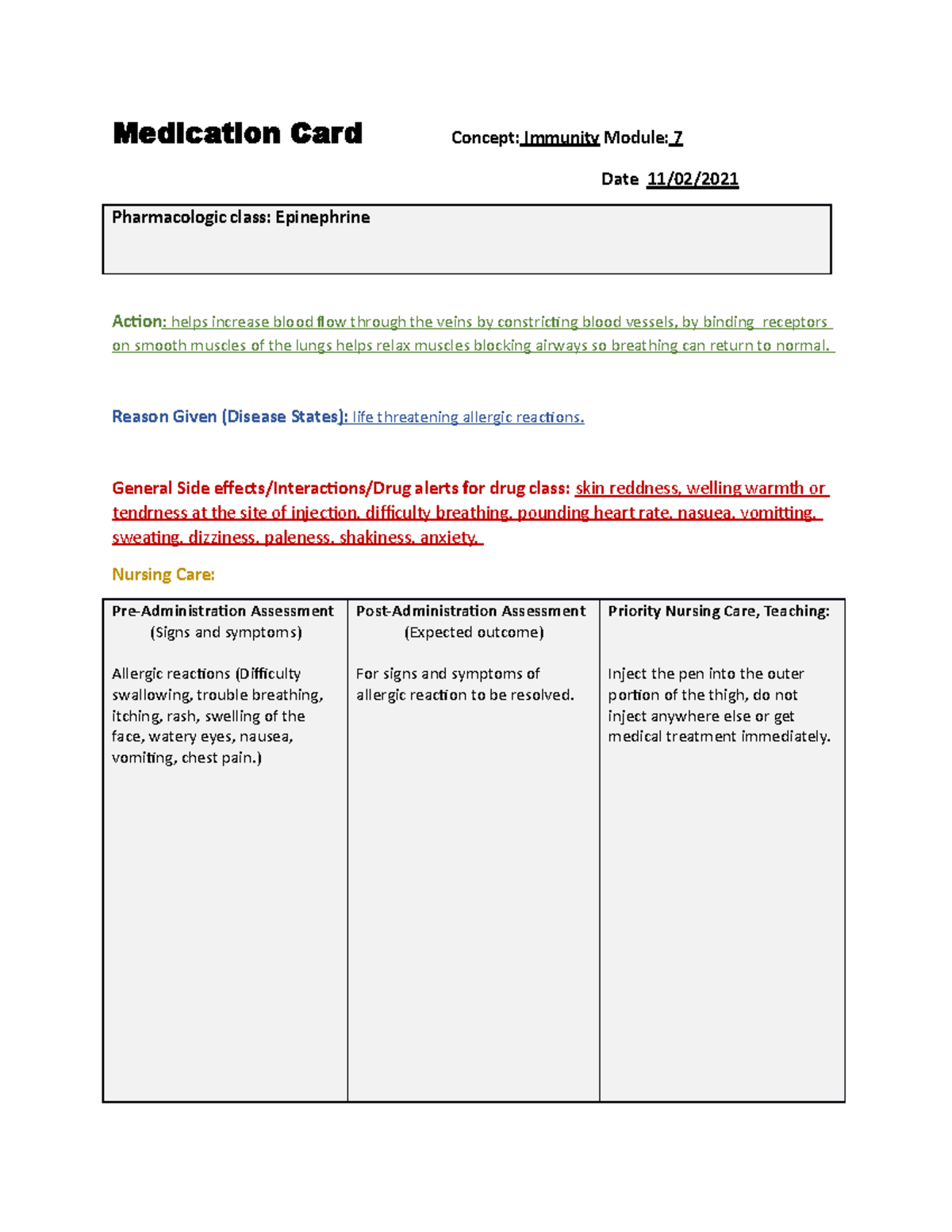211 mod 7 epinephrine drug card - Medication Card Concept: Immunity ...