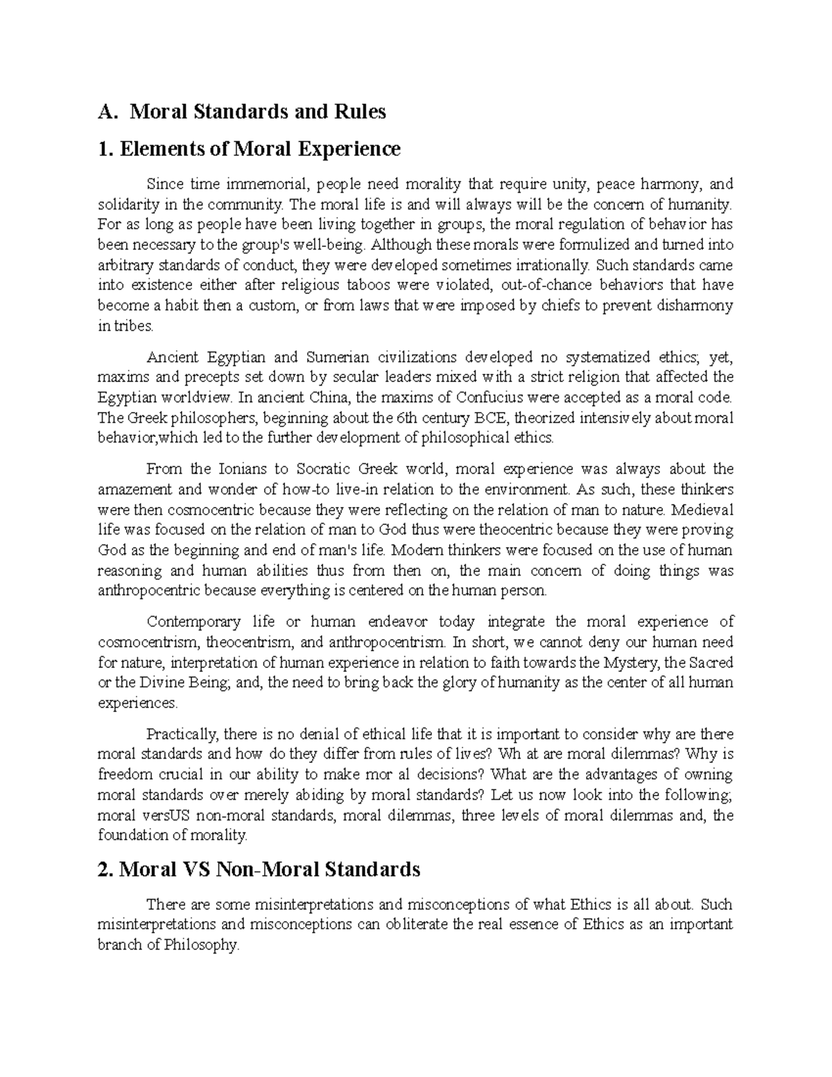 Moral Standards and Rules - A. Moral Standards and Rules 1. Elements of ...