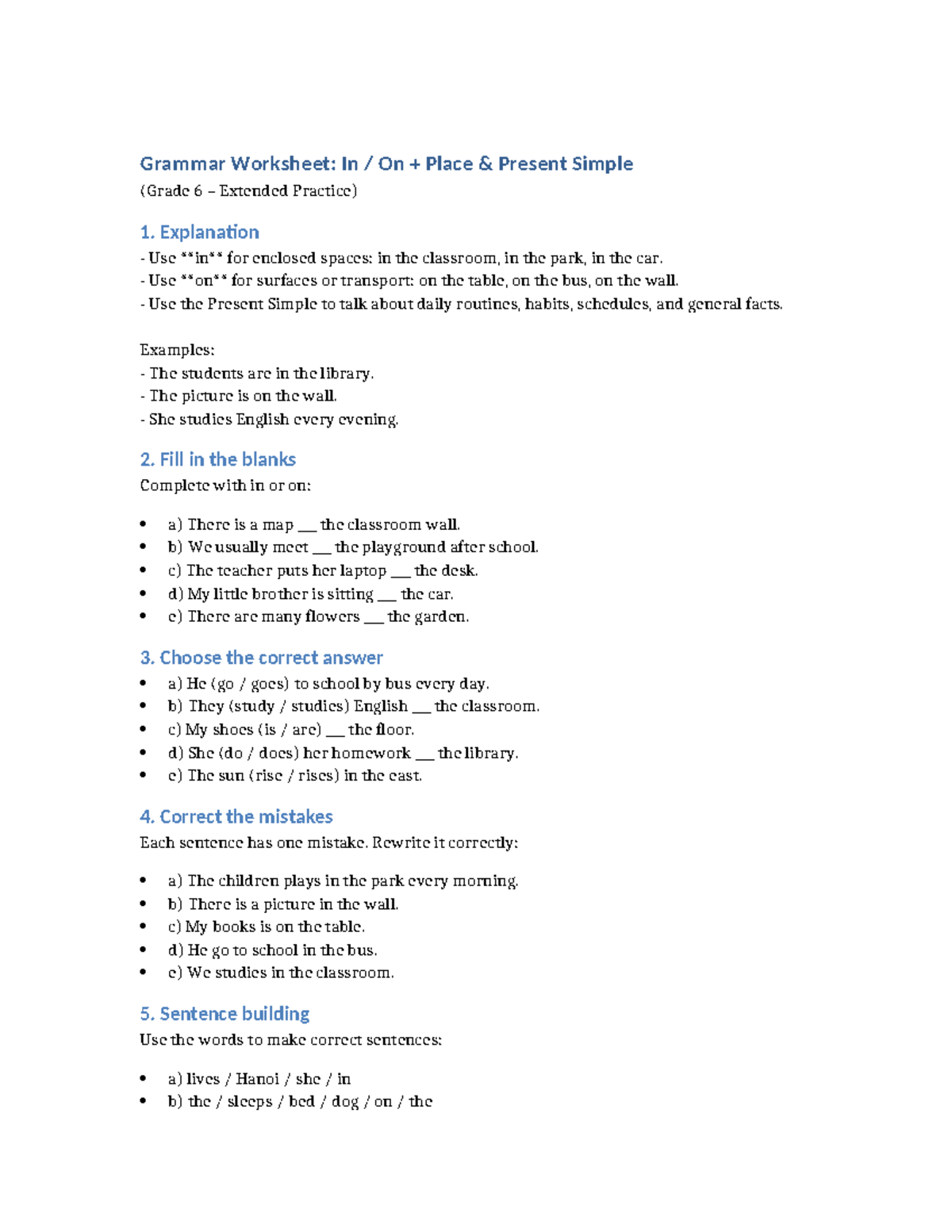 Grade 6 Grammar Worksheet: Prepositions & Present Simple Practice - Studocu