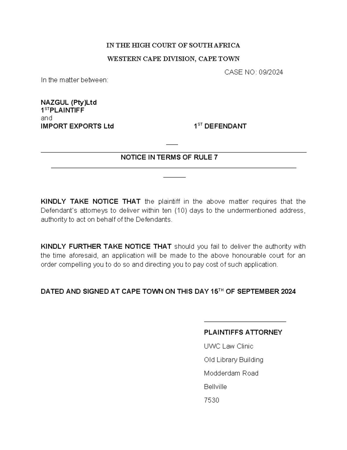 Rule 7 Notice Drafting Guidelines - High Court Case No: 09/ - Studocu