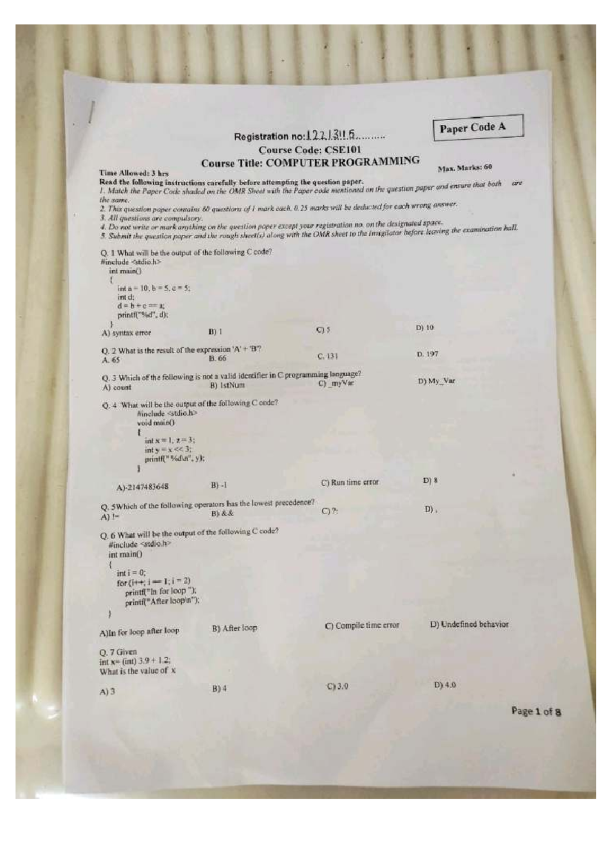 CSE101 Final Exam: Computer Programming Question Paper - Studocu