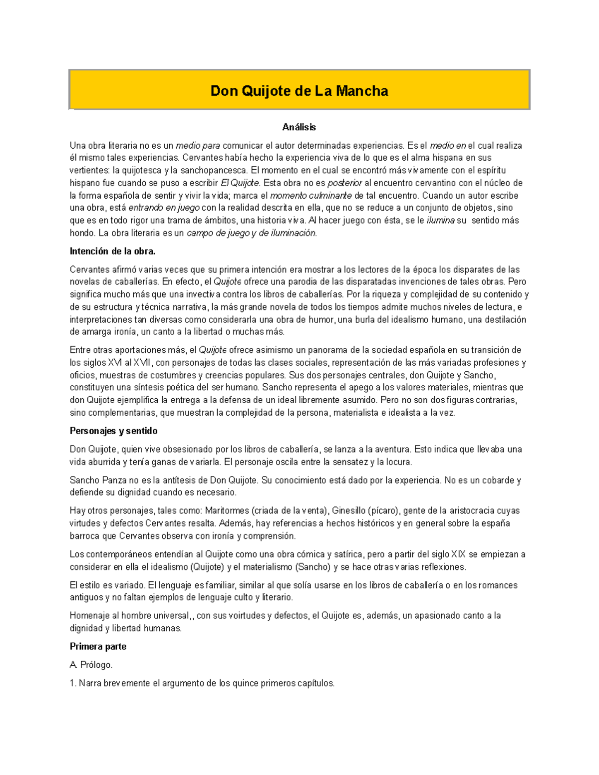 Análisis Literario de "Don Quijote de La Mancha" - 1er Parte - Studocu