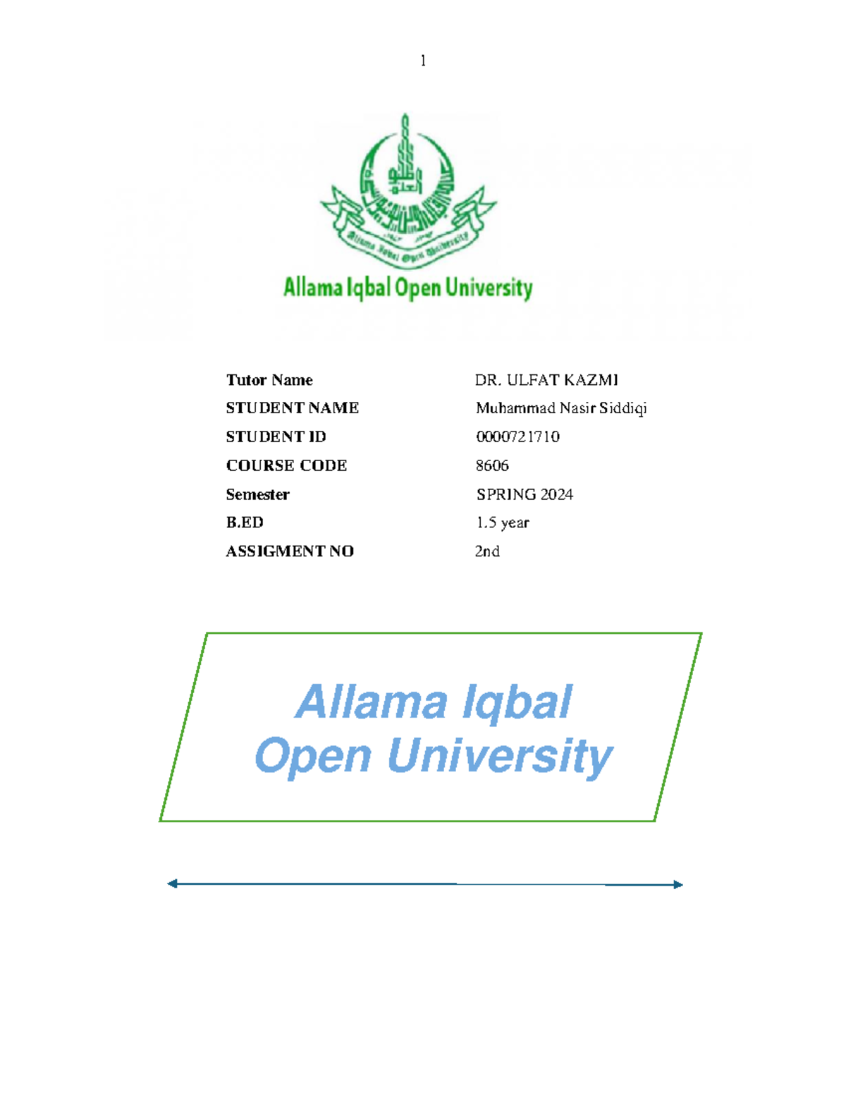 8606 2ND Assignment - 8606 - Tutor Name DR. ULFAT KAZMI STUDENT NAME Muhammad Nasir Siddiqi ...