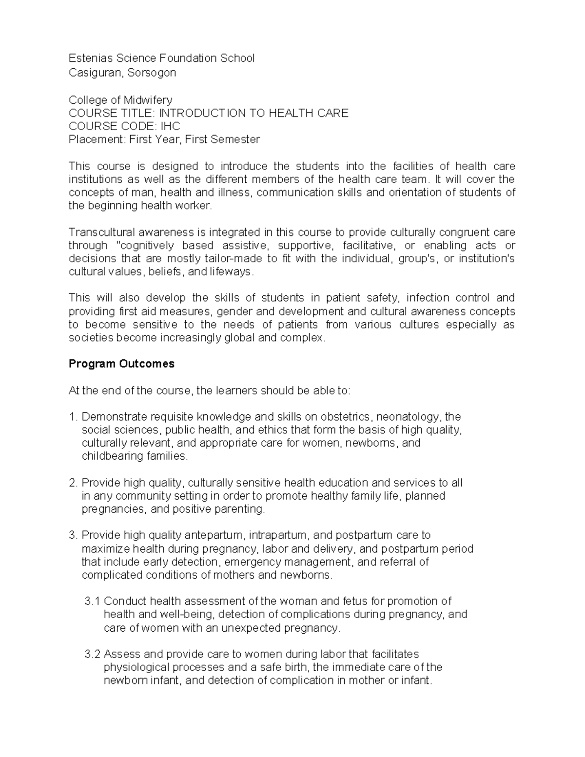 Introduction to Health Care - Course Outline IHC - First Year, First ...