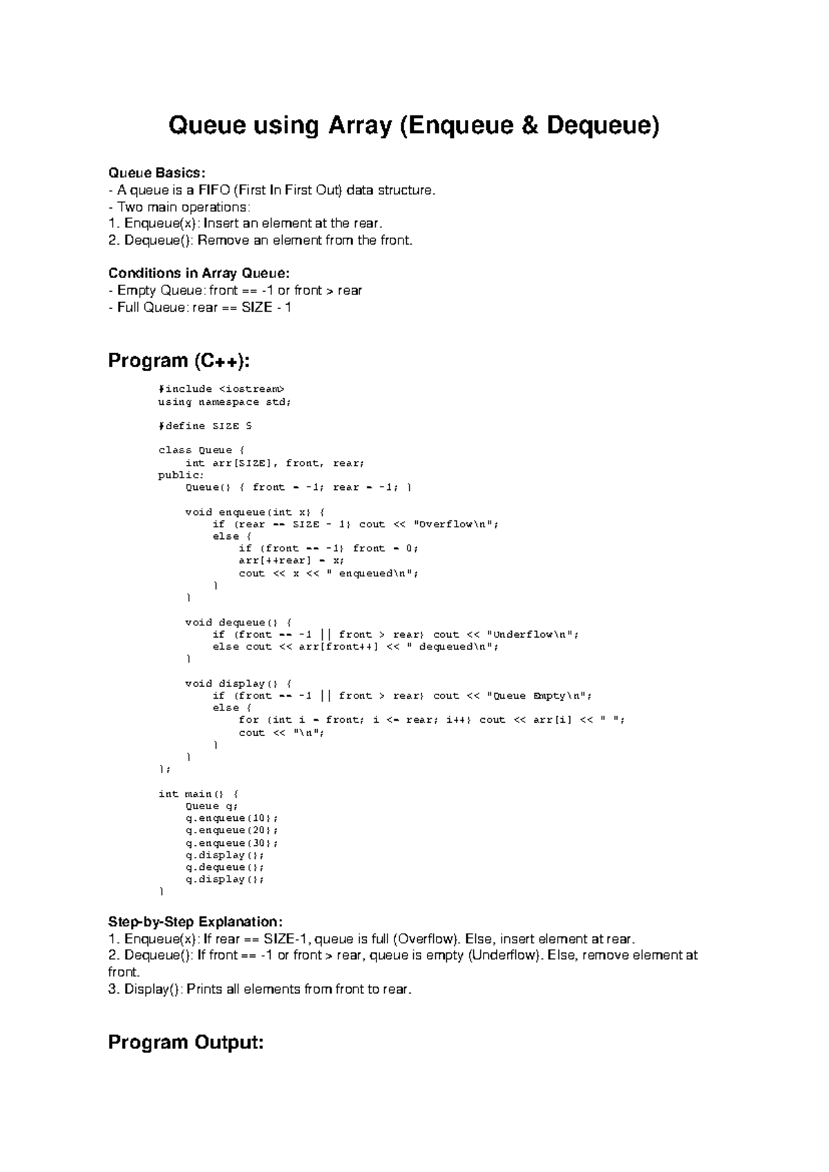 Queue Implementation in C++: Array-Based Enqueue & Dequeue - Studocu