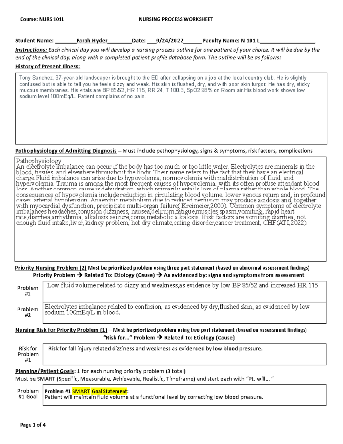 N101L Nursing Process Worksheet Case 2 - Student Name: Farah Hyder ...