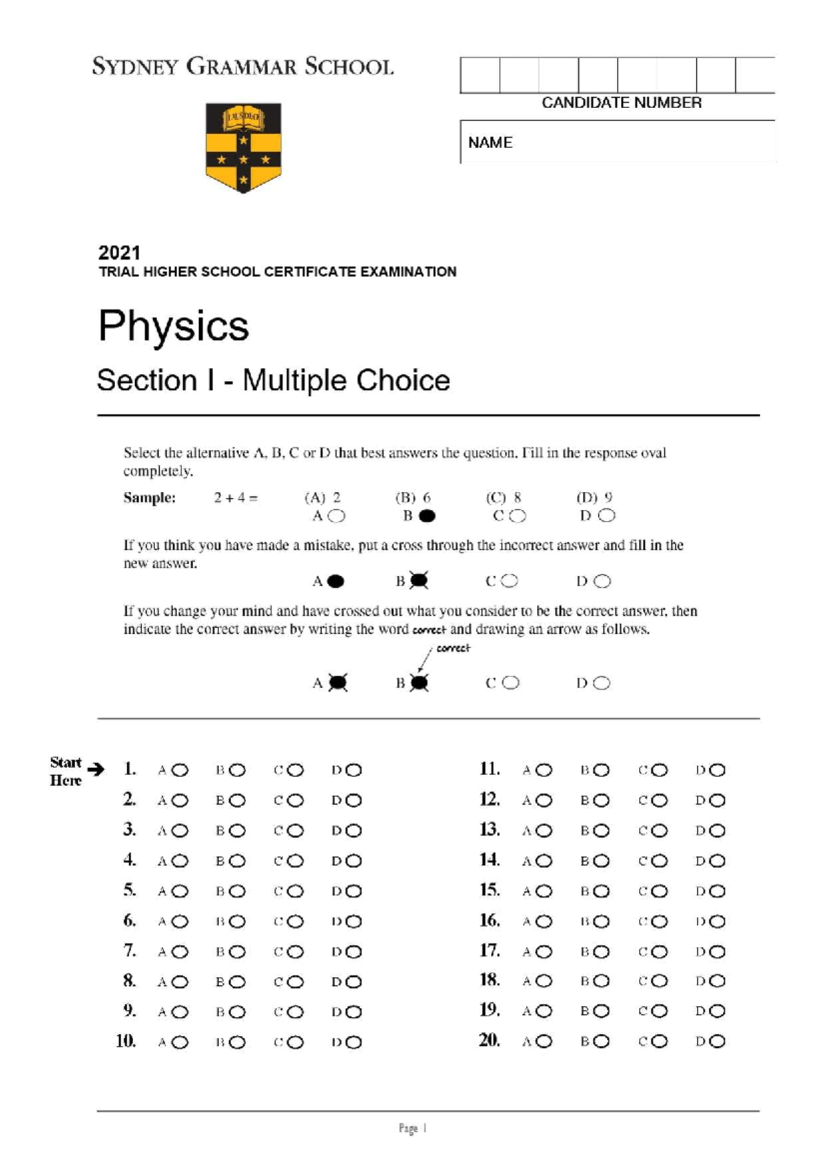 SYDNEY GRAMMAR SCHOOL 2021 TRIAL HSC PHYSICS EXAM MULTIPLE CHOICE - Studocu