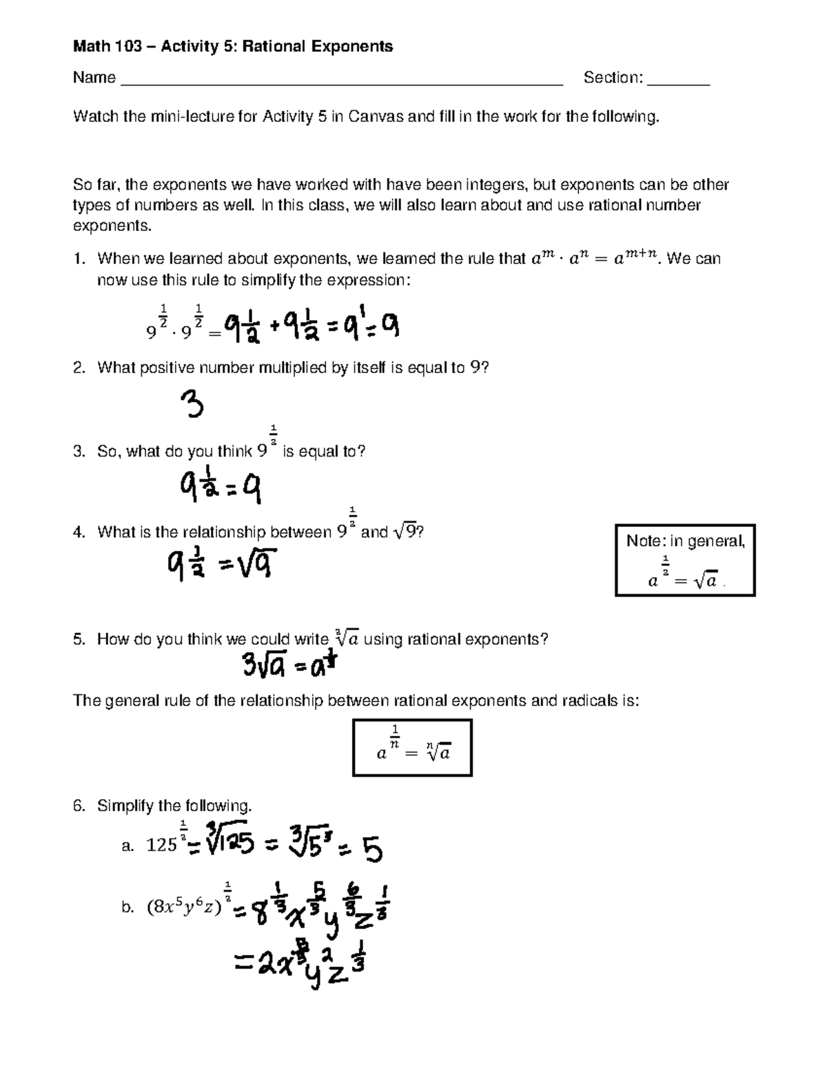 Math 103 - Activity 5: Rational Exponents and Simplification Tasks ...