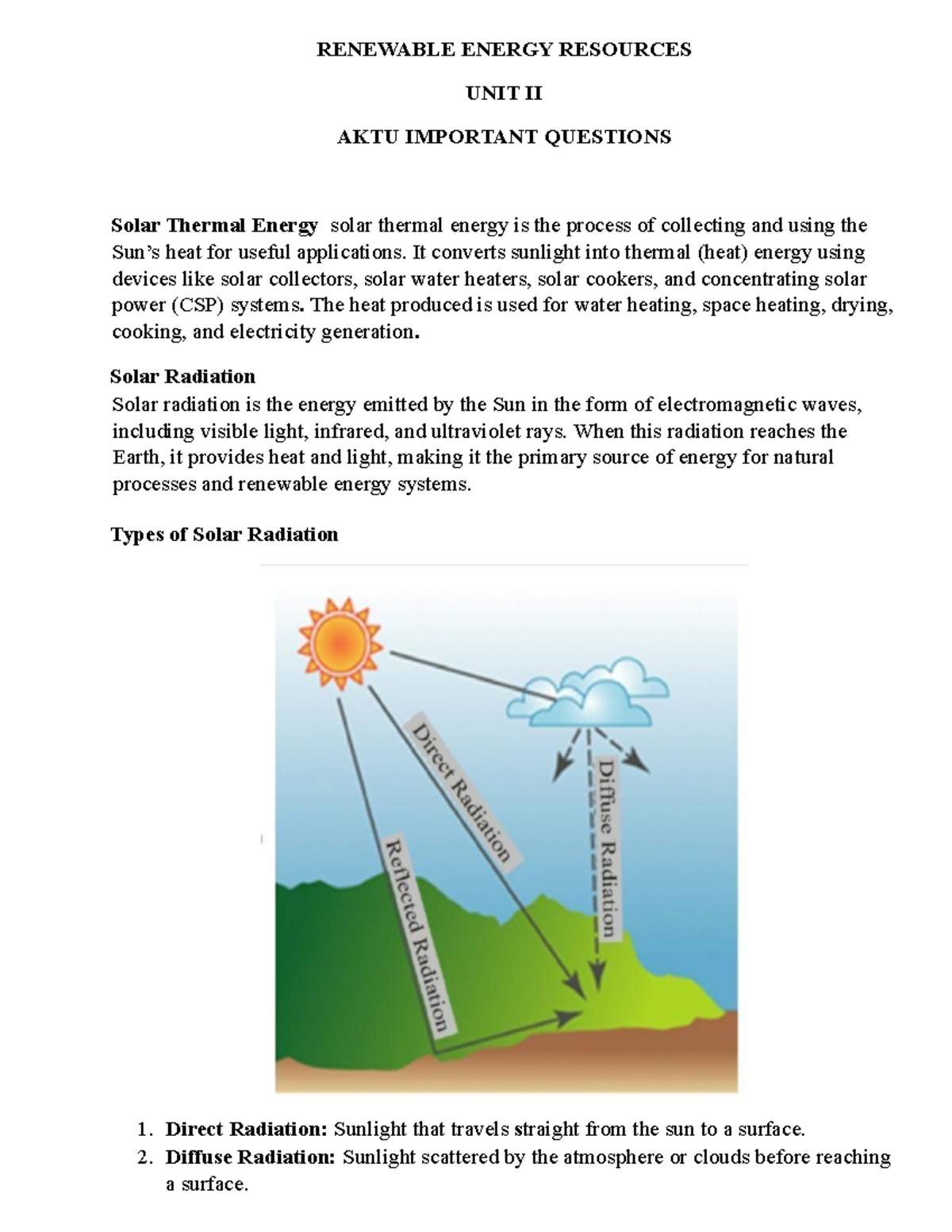 Renewable Energy Resources Unit II AKTU Important Questions on Solar ...