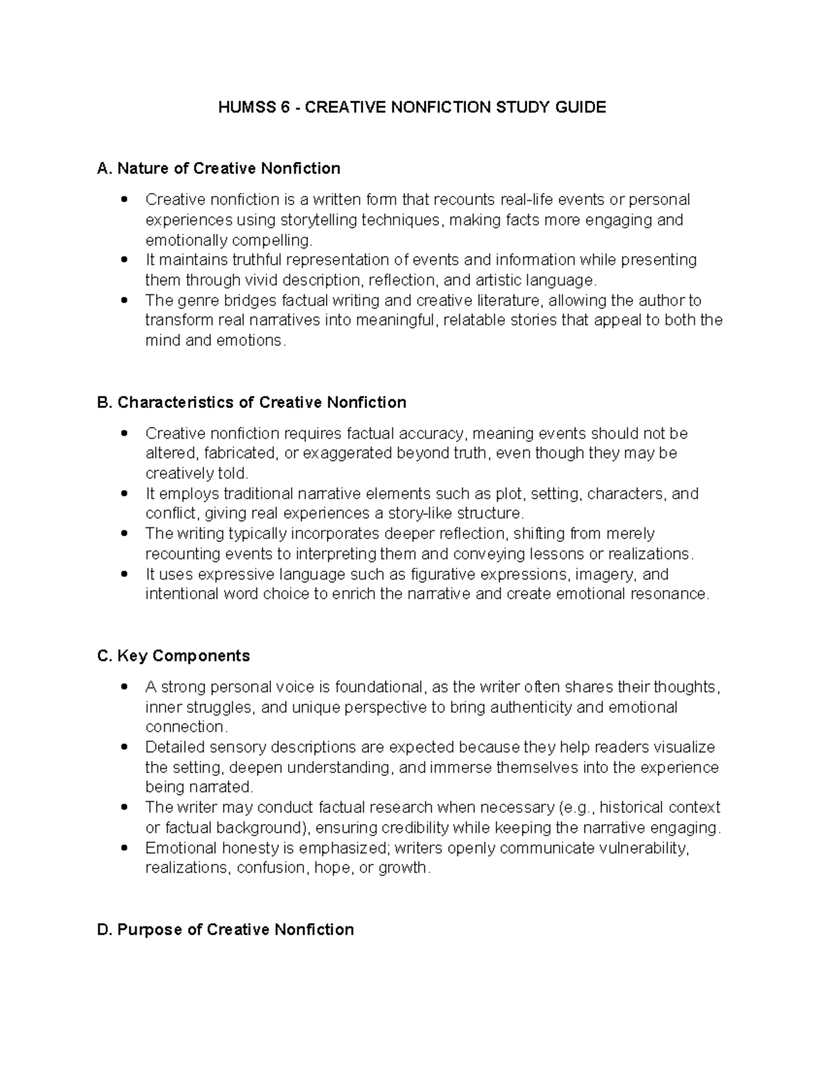 HUMSS 6 CREATIVE NONFICTION STUDY GUIDE: Key Concepts & Techniques ...