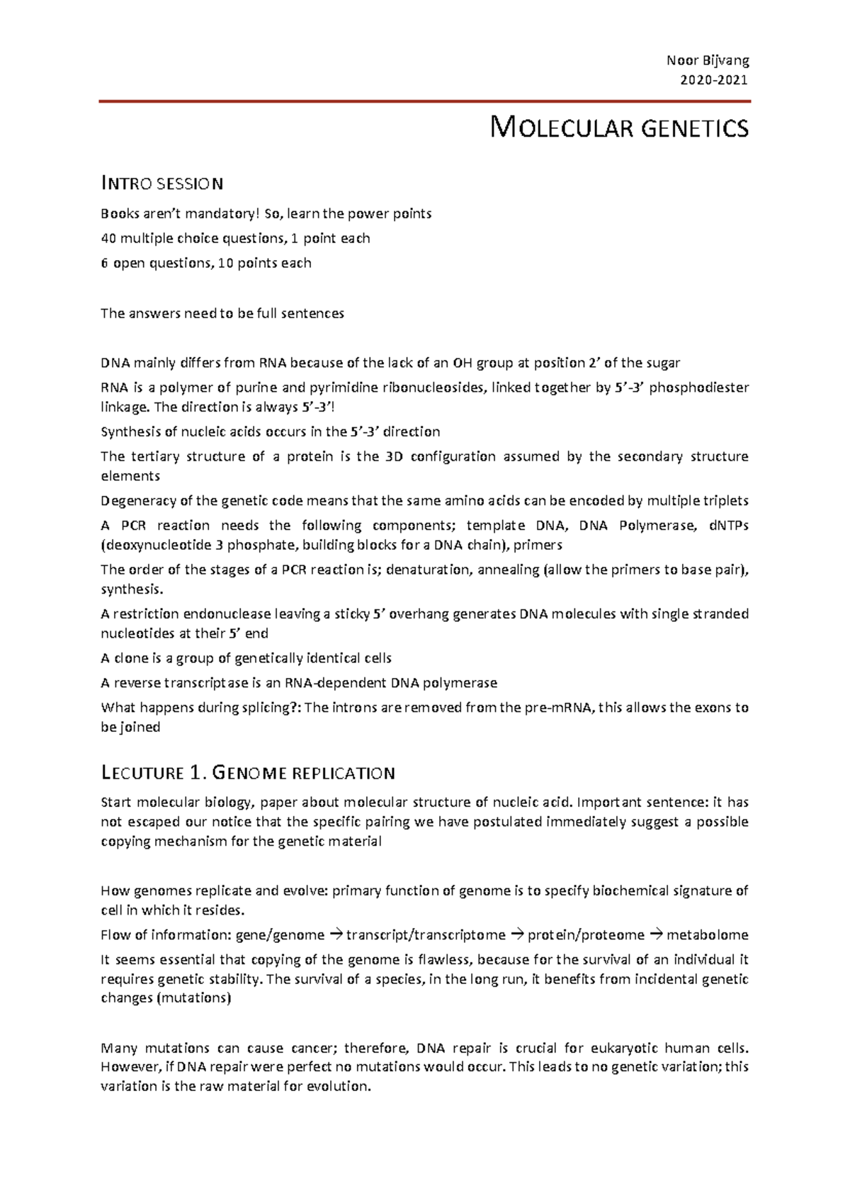 Molecular Genetics (BIO 202): Comprehensive Lecture Summary and Key ...