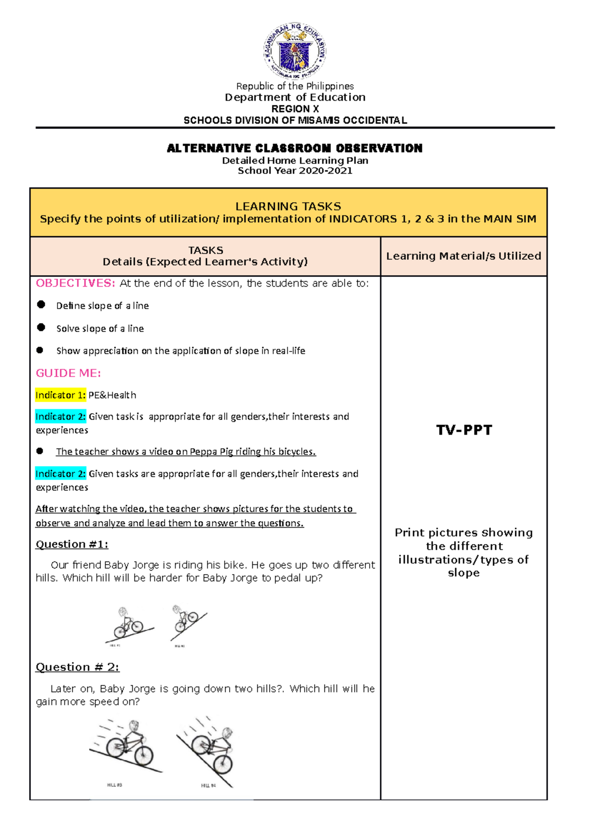 Grade 8 Math Detailed Lesson Plan: Slope of a Line Activities - Studocu