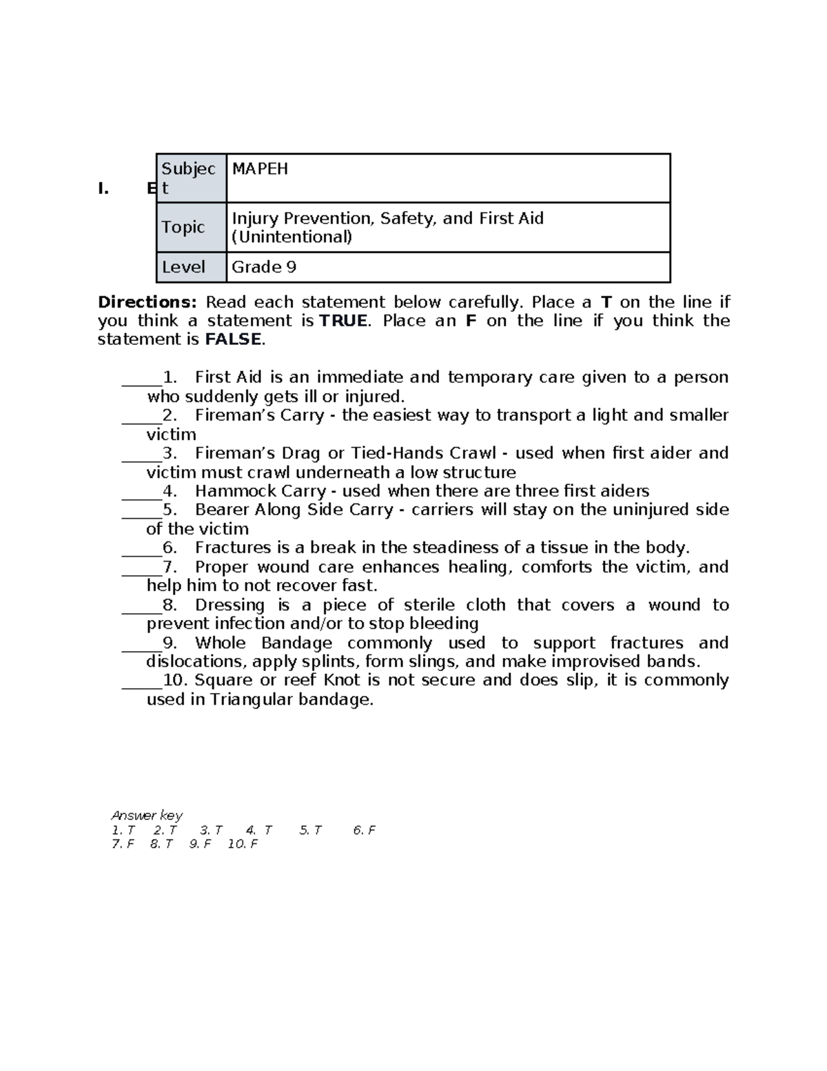 MAP9 Health Assessment: Injury Prevention & First Aid Exercise - Studocu