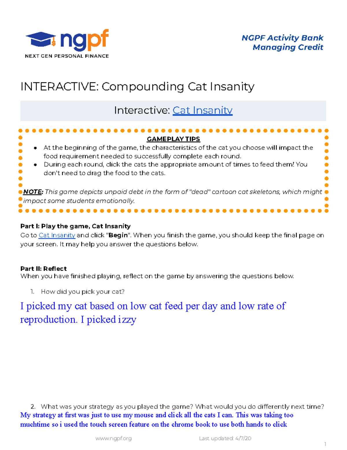 NGPF Activity: Interactive Compounding Cat Insanity Game Review - Studocu