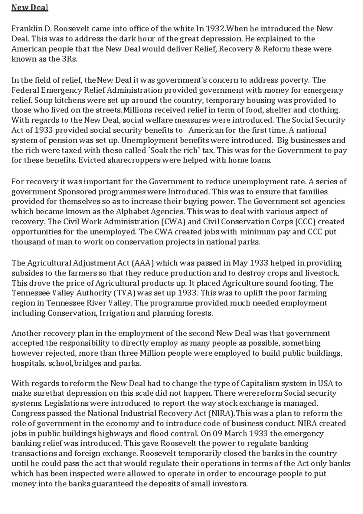 New Deal (HIST 101): Roosevelt's Response to the Great Depression - Studocu