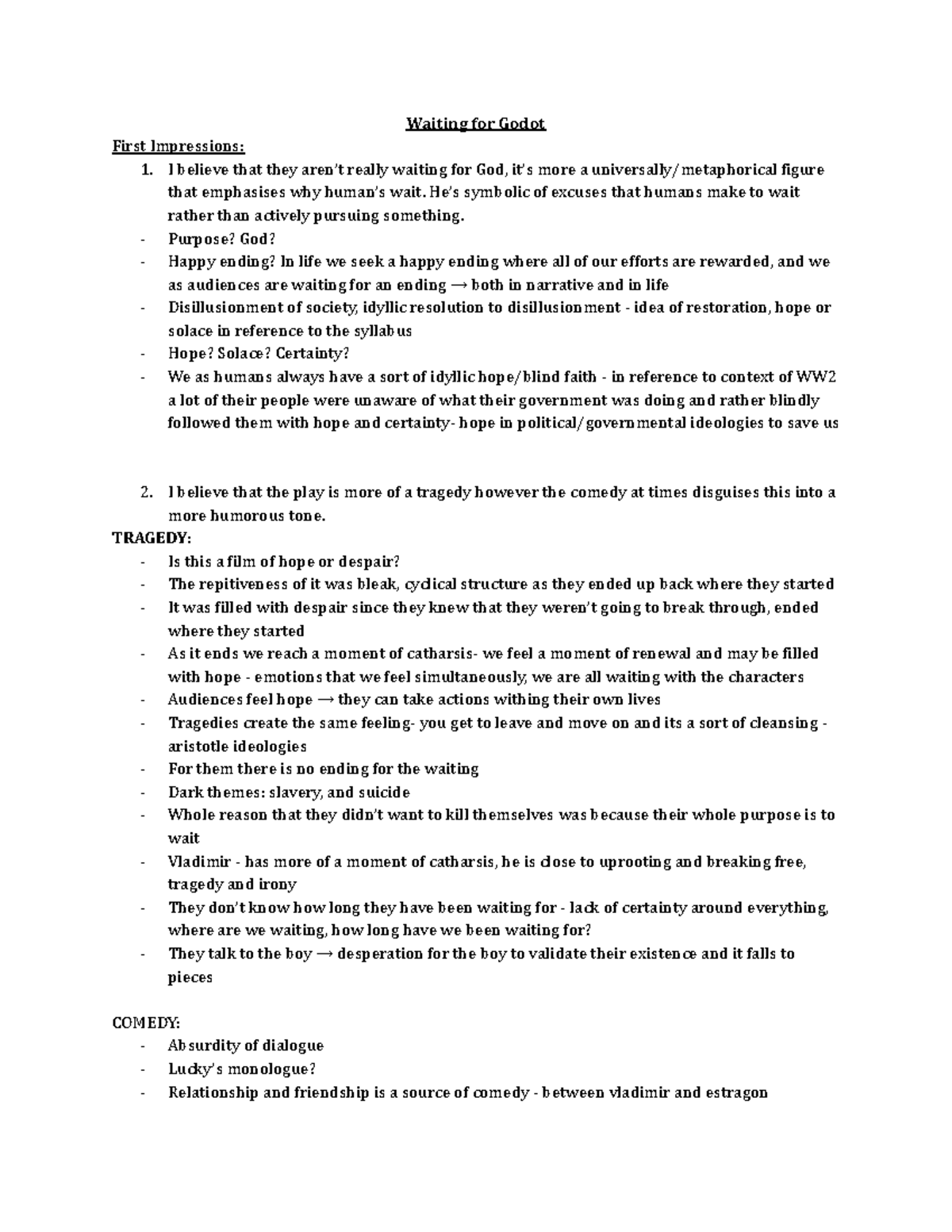 Waiting for Godot (ENG 101) Final Exam Notes on Themes and Analysis ...