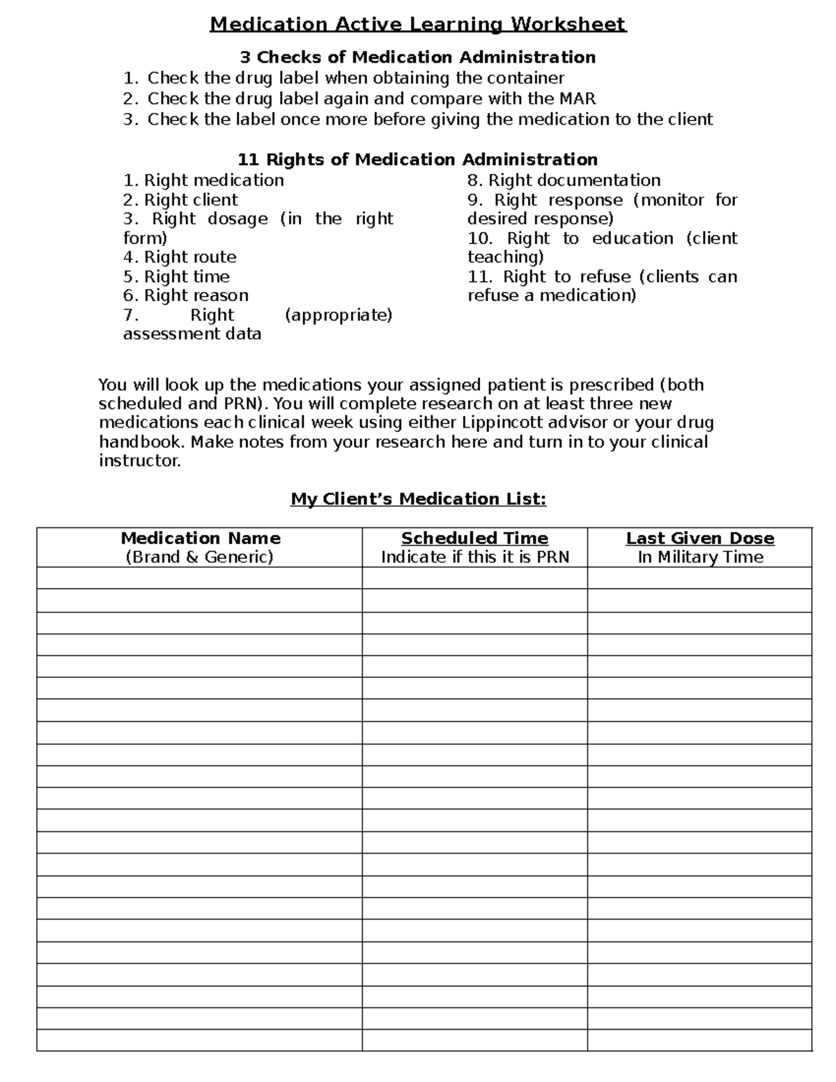 NURS 110 Medication Active Learning Worksheet - Fall 2023 Guide - Studocu