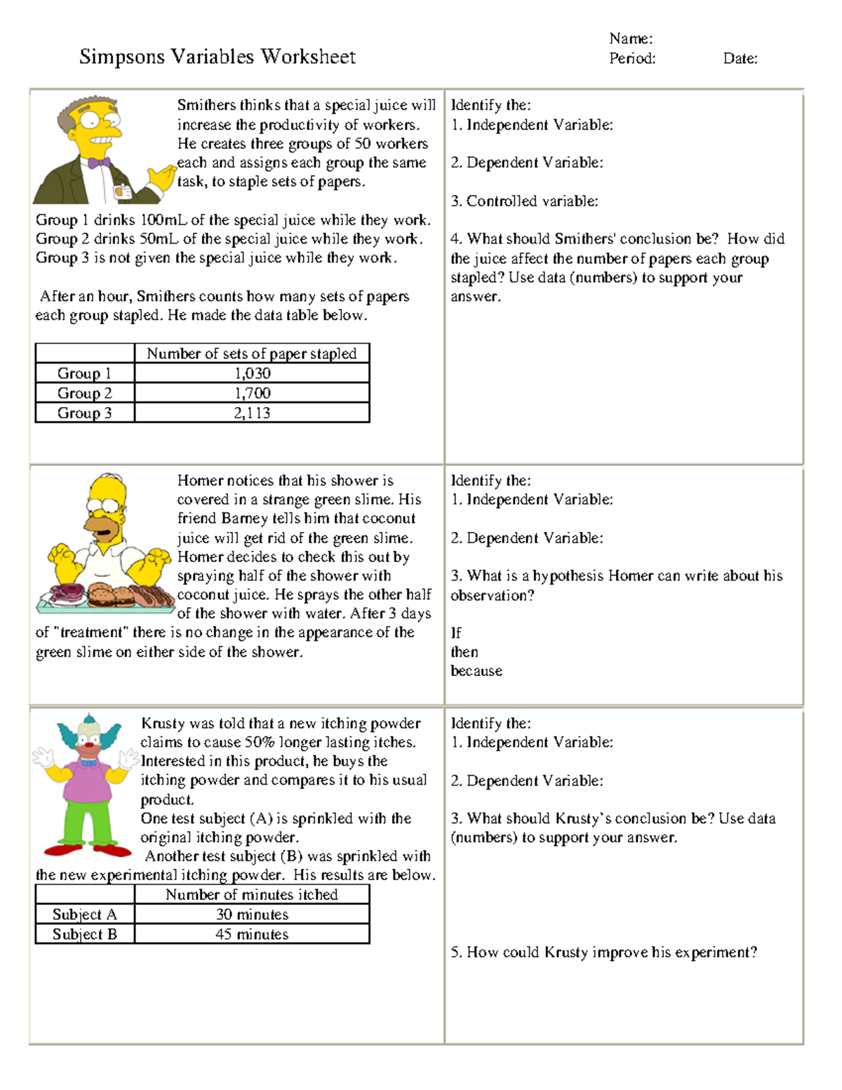Simpsons Variables Practice - Name: Simpsons Variables Worksheet Period ...
