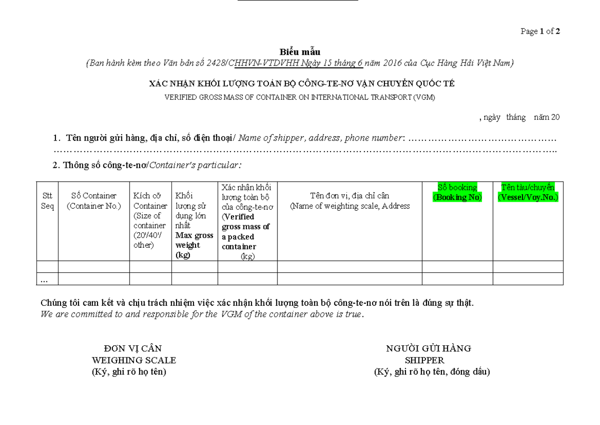 Biểu mẫu xác nhận khối lượng VGM cho vận chuyển quốc tế (2428CHH) - Studocu