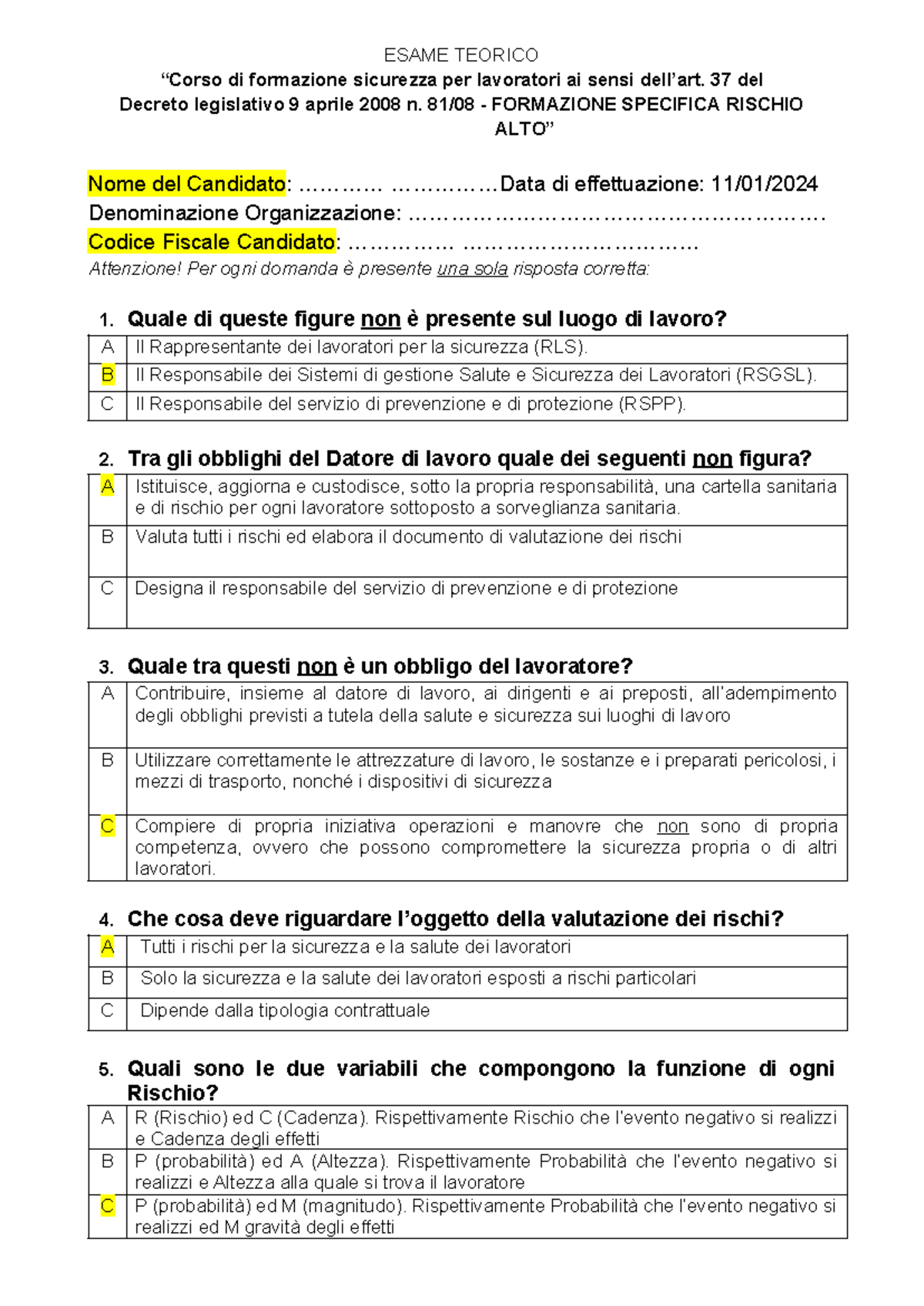 ESAME FINALE Sicurezza Lavoratori - Corso Alto Rischio 81/08 - Studocu