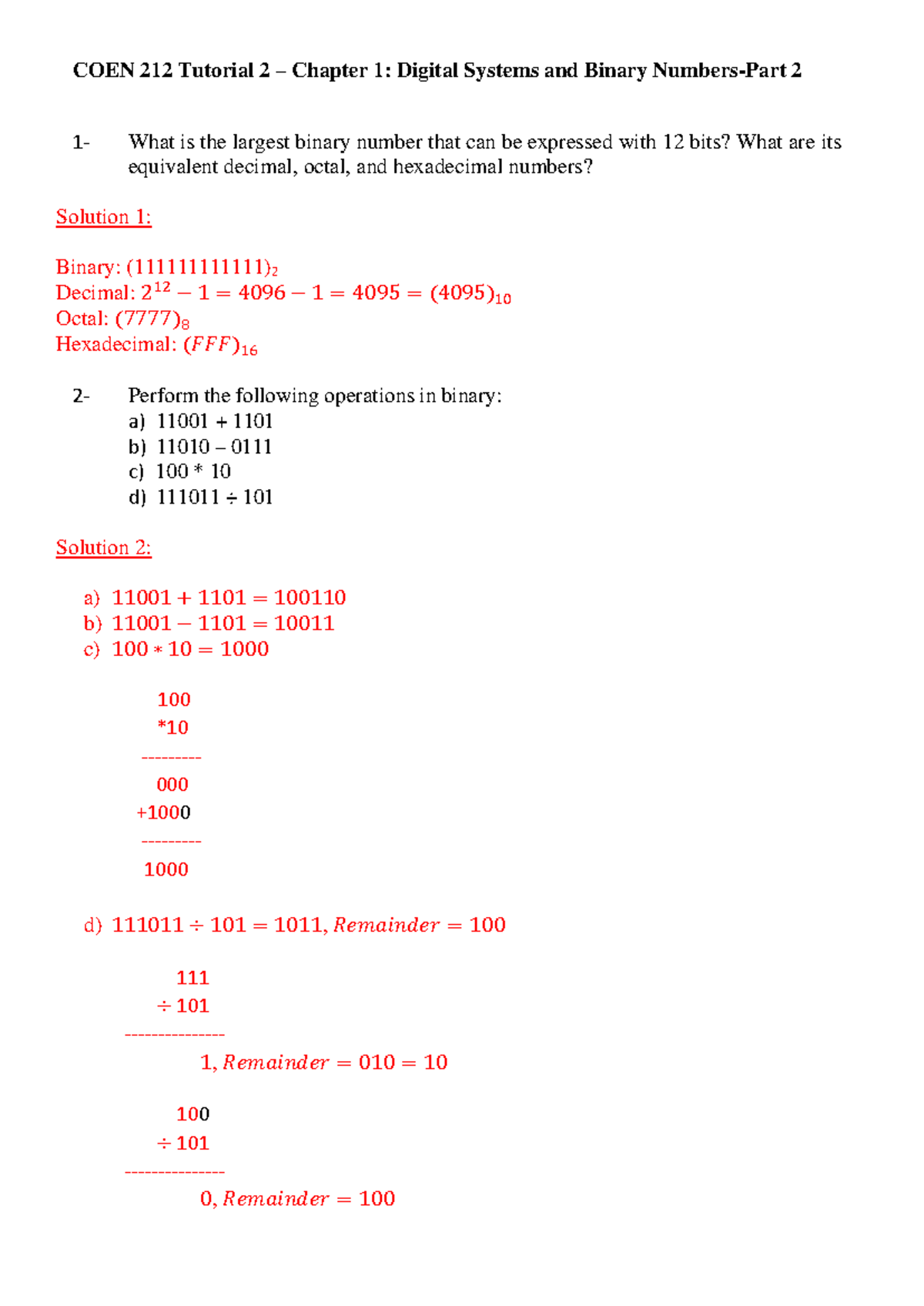 COEN 212 Tutorial 2 Solutions: Digital Systems & Binary Operations - Studocu
