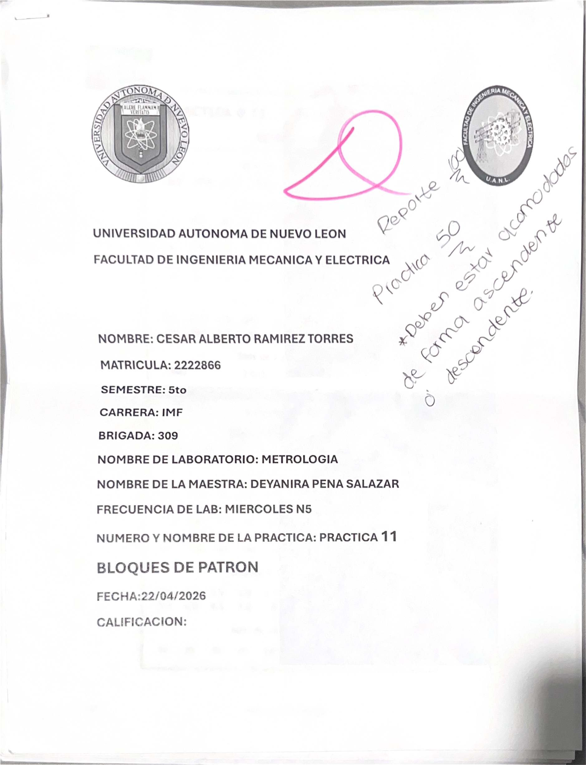 Práctica 11: Bloques de Patrón - U.A.N.L. Ingeniería Mecánica y ...