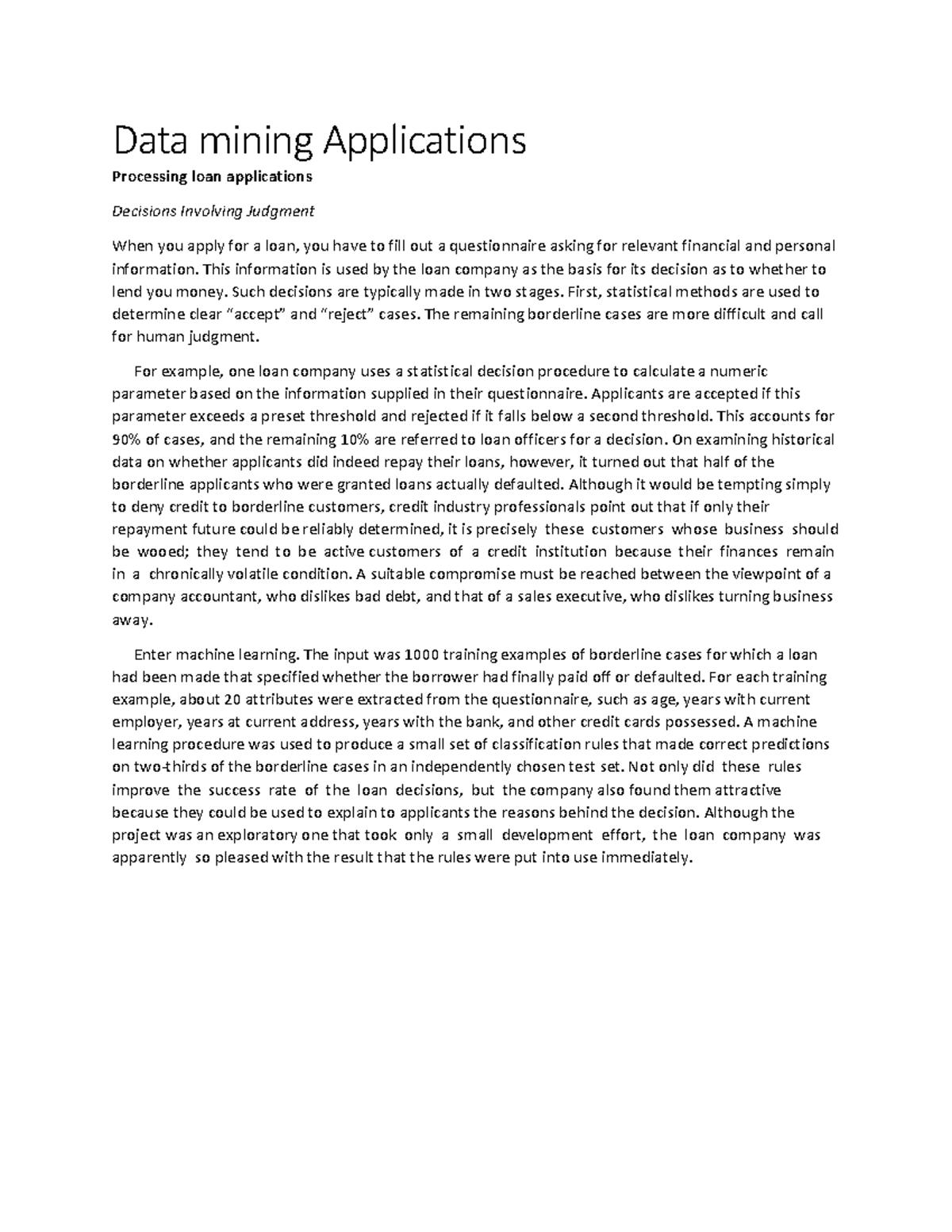 Data Mining Applications in Loan Processing and Environmental Monitoring - Studocu