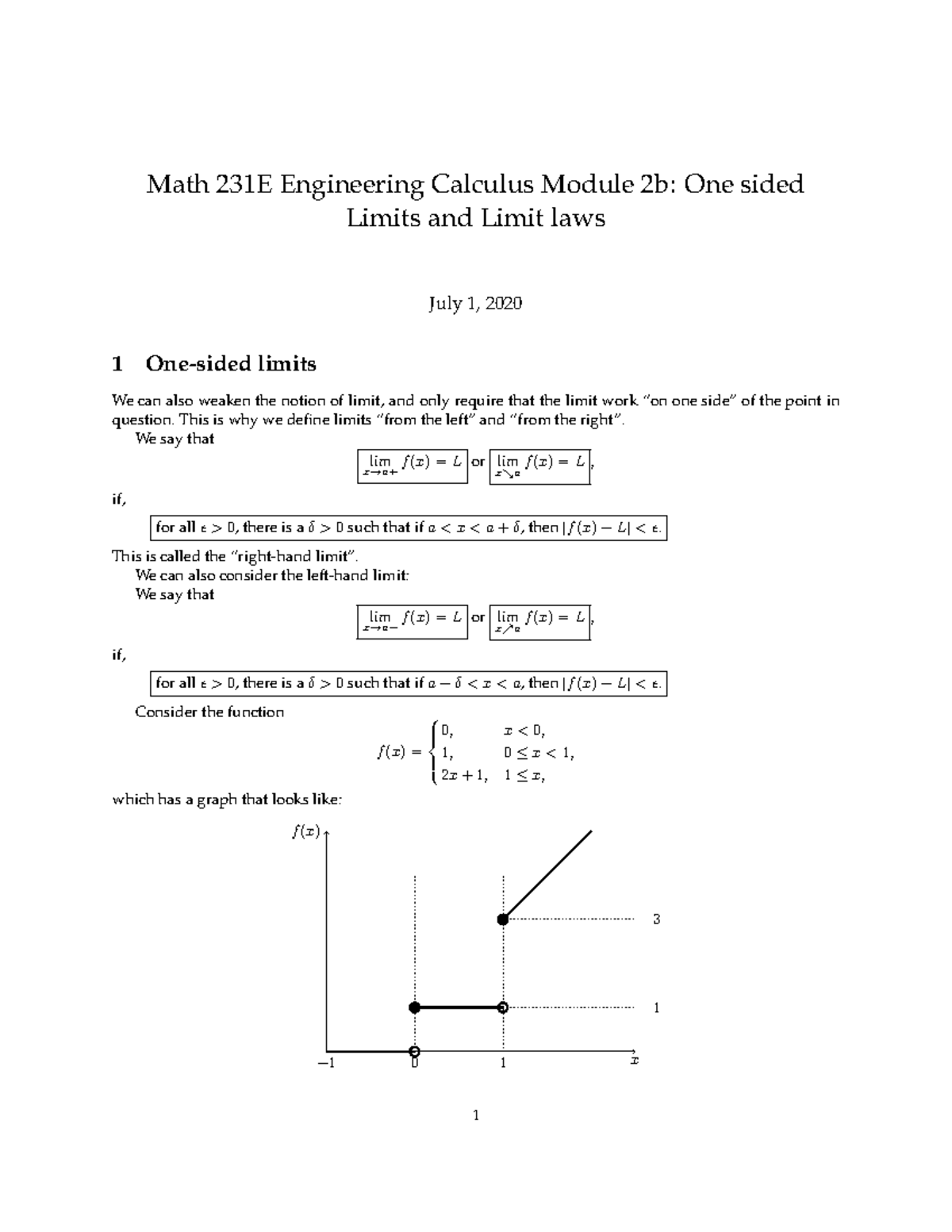 Math 231E Engineering Calculus: One-Sided Limits - Studocu