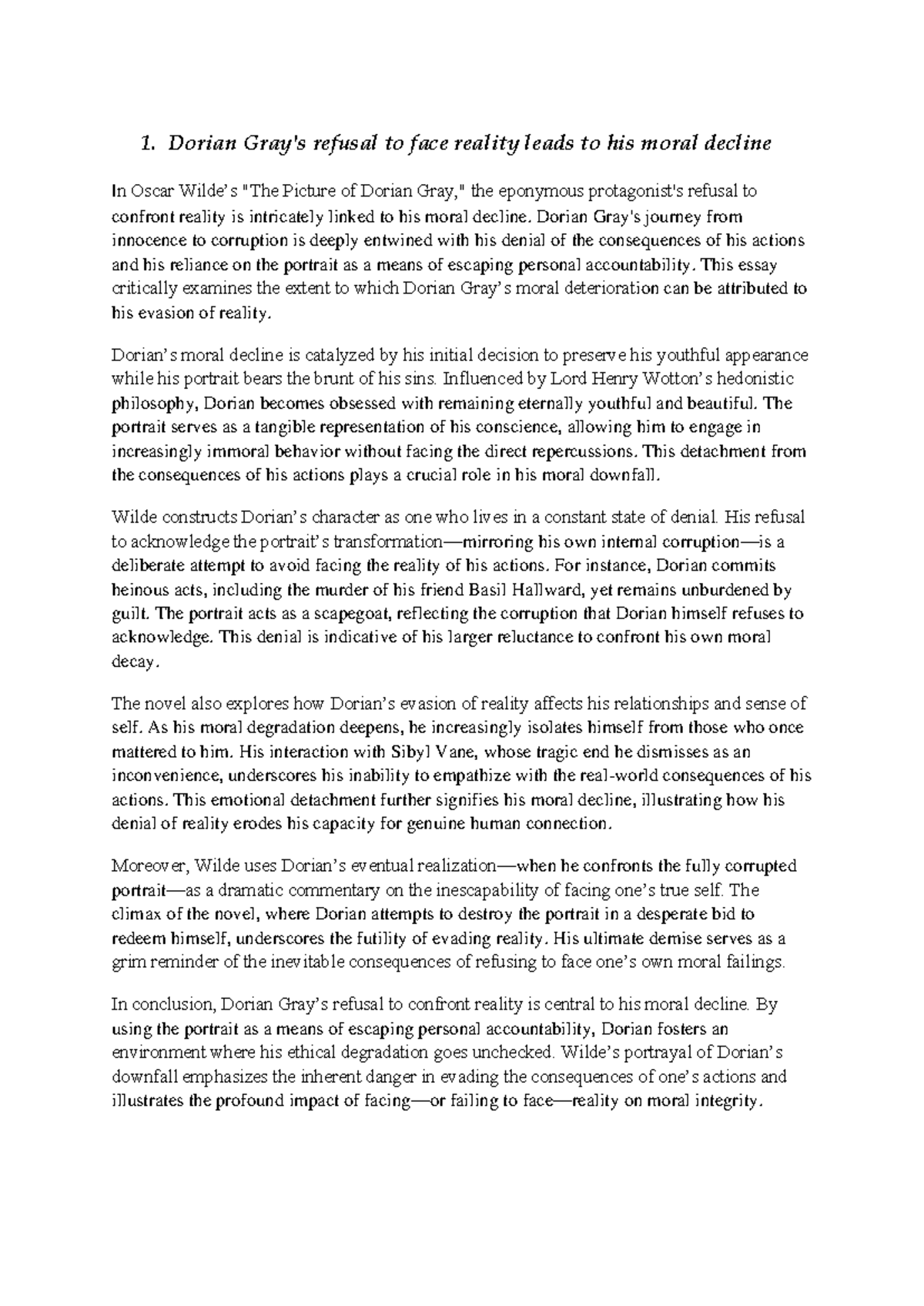 English P2 Essay Notes: Dorian Gray's Moral Decline and Its ...