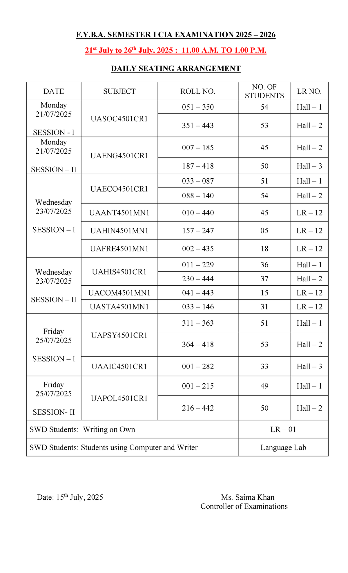 F.Y.B.A. SEM I CIA Exam 2025: Daily Seating Arrangement (July 21-26 ...