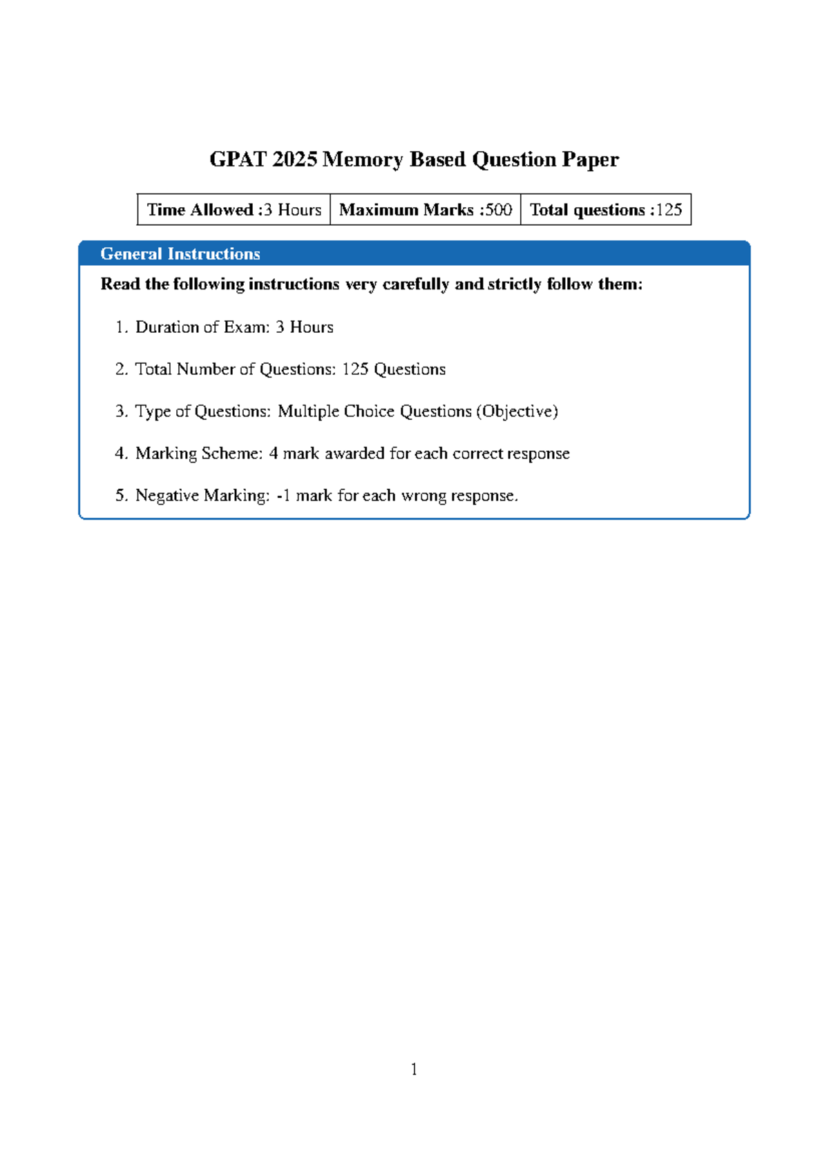 GPAT 2025 Full Memory-Based Question Paper (3 Hours, 500 Marks) - Studocu
