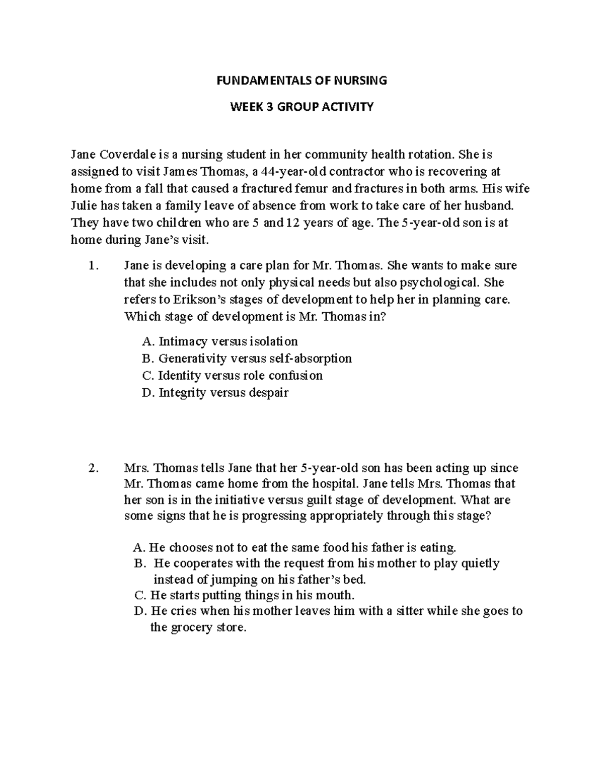 Student WEEK 3 Group Activity - FUNDAMENTALS OF NURSING WEEK 3 GROUP ...