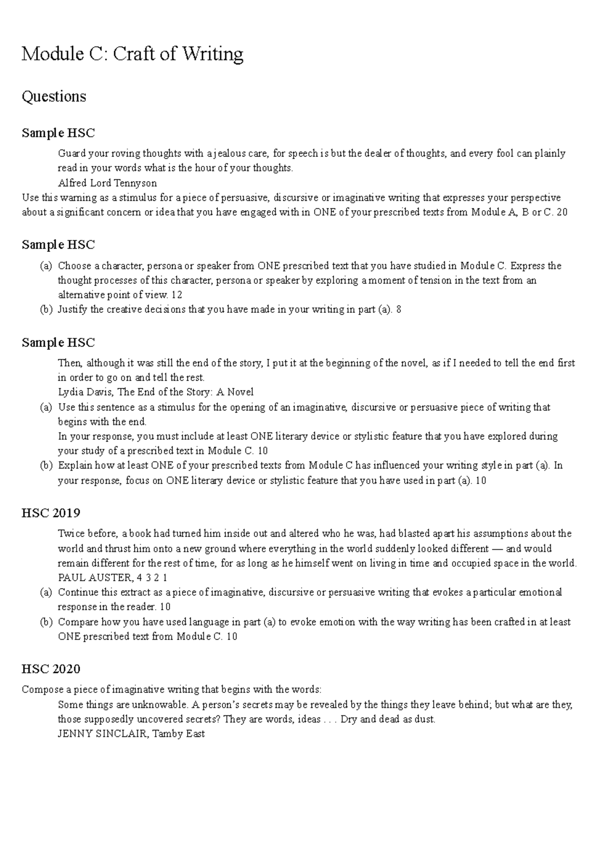 Module C: Craft of Writing - Questions & Creative Stimuli Guide - Studocu