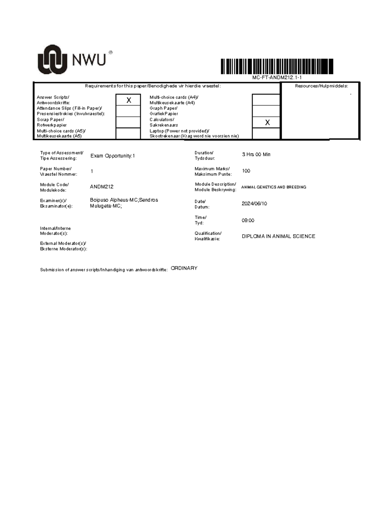 ANDM212: June 2024 Exam Paper on Animal Genetics and Breeding - Studocu