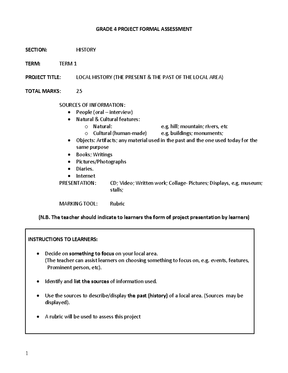 Grade 4 History Term 1 Project: Local History Assessment - Studocu