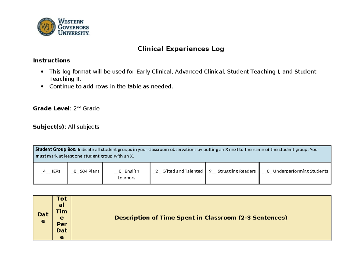 Clinical Experiences Log Instructions for Early & Advanced Clinical ...