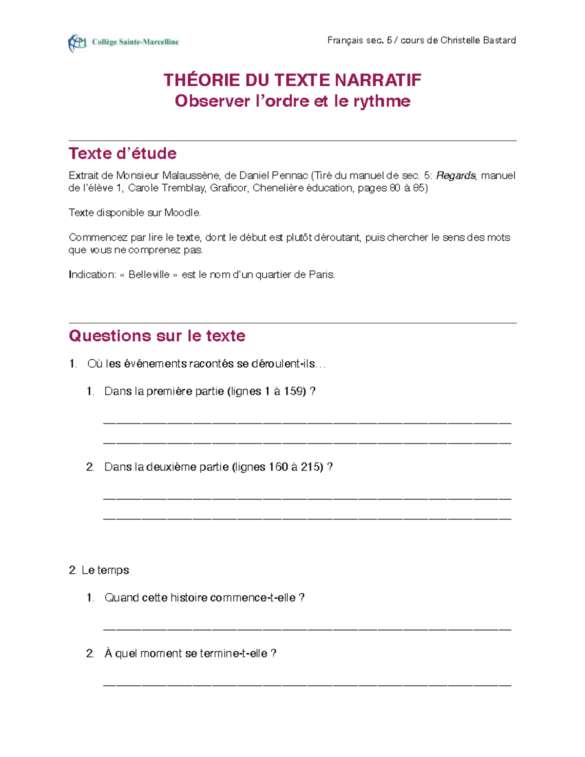 Théorie du Texte Narratif en Français sec. 5 - Cours de Christelle ...