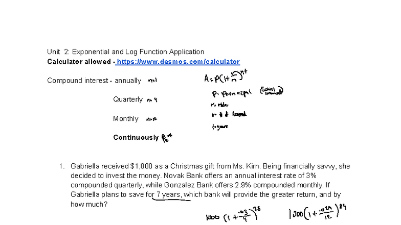 Unit 2: Applications of Exponential & Log Functions in Finance - Studocu