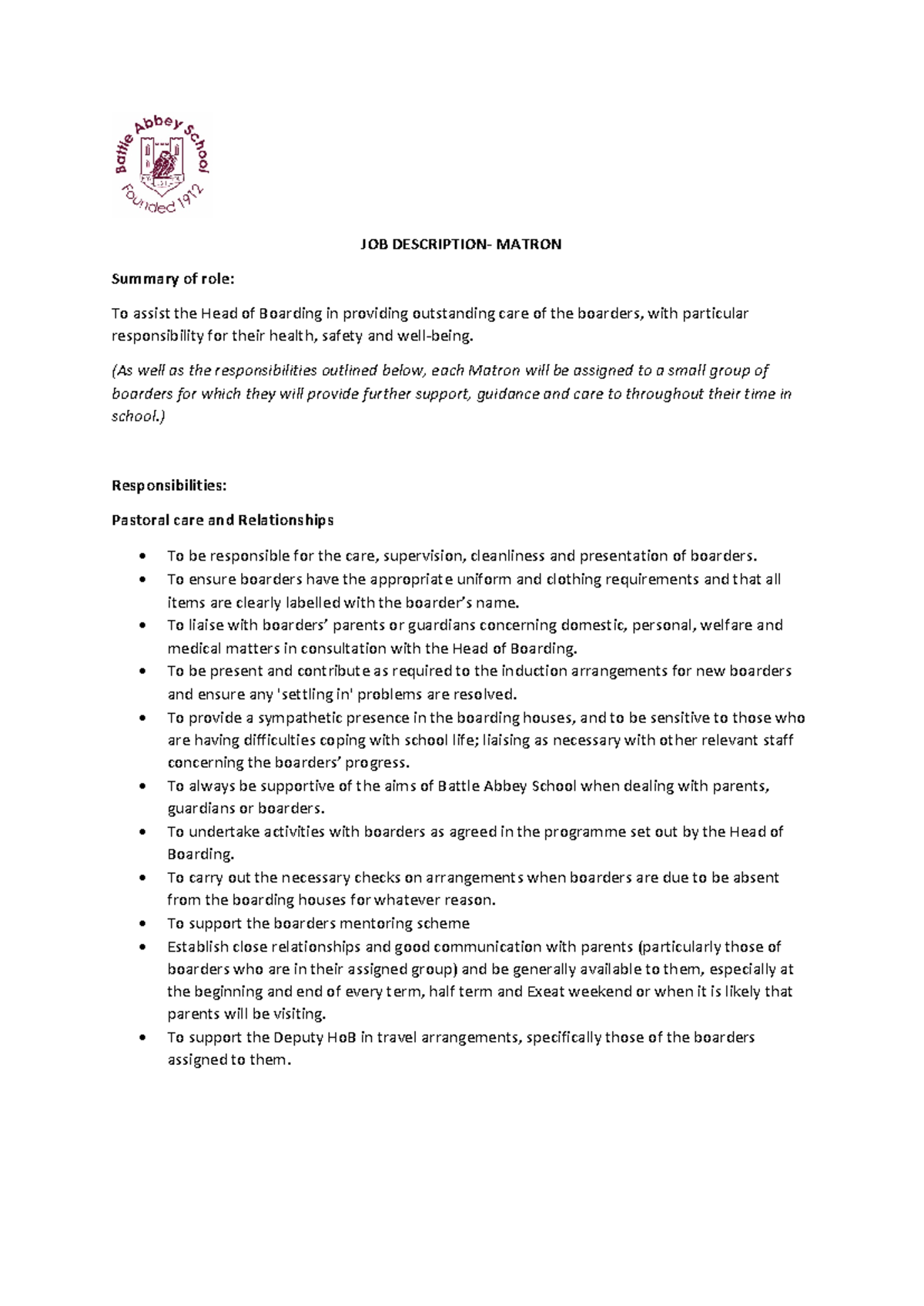 Job Description: Matron Role in Boarding Care and Support - Studocu