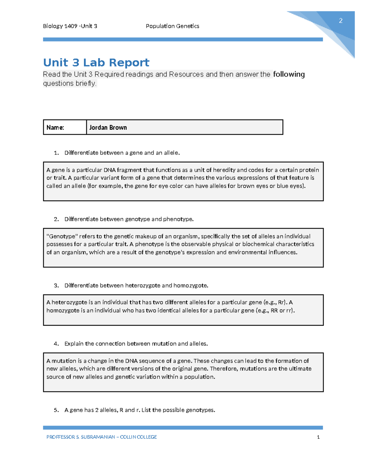 Biology 1409 Unit 3 Lab Report: Population Genetics Insights - Studocu