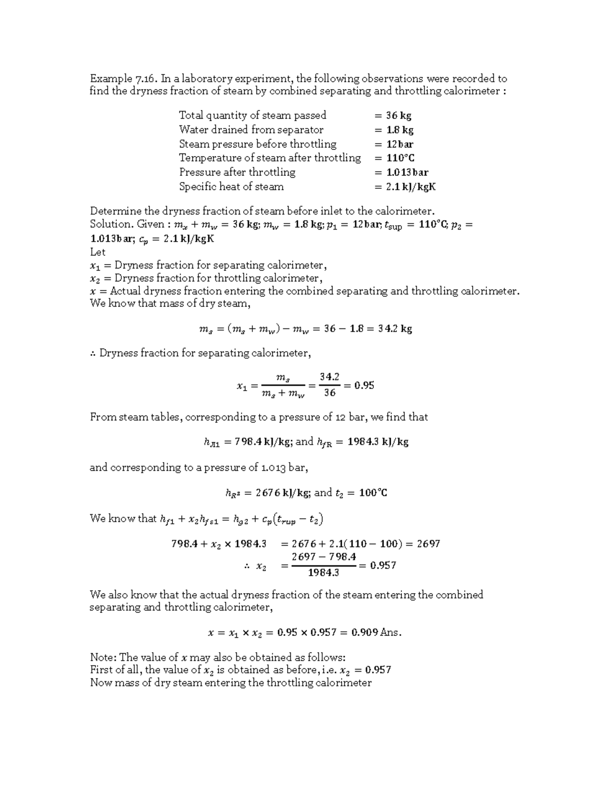 Example 7.16 Calculation of Dryness Fraction Using Calorimeter - Studocu